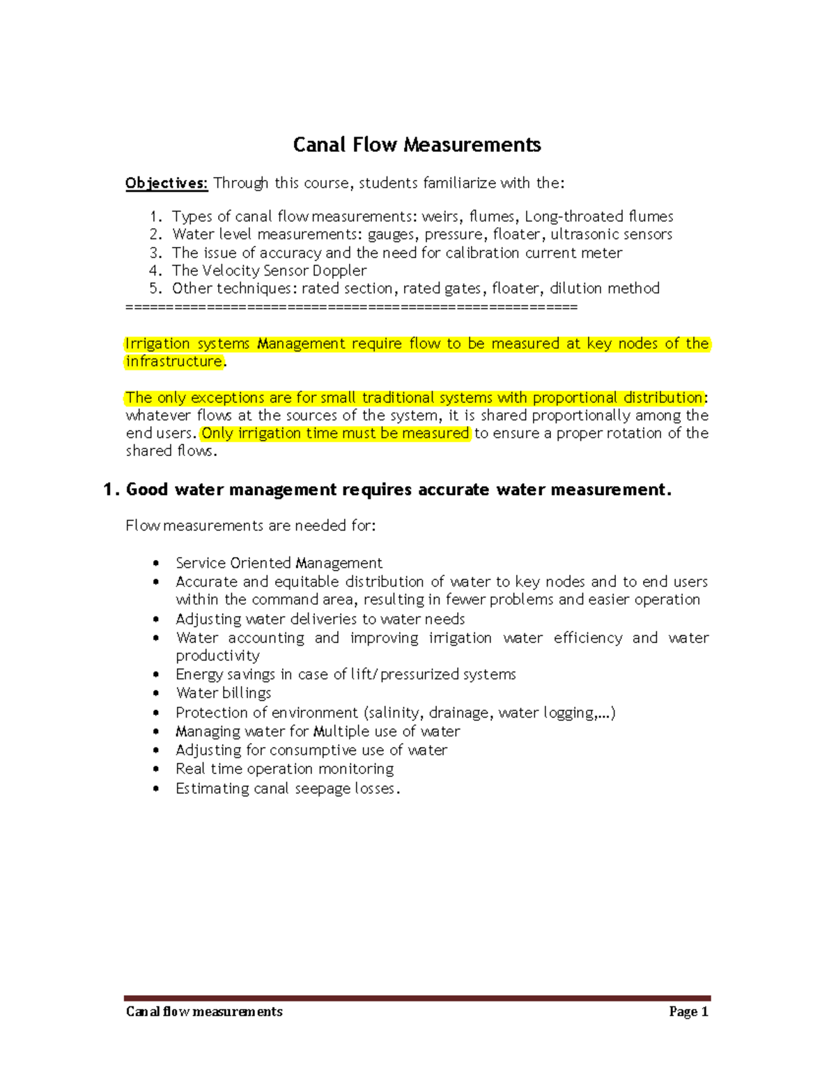IE Lec 13-14 - Irrigation Engineering notes - Canal Flow Measurements ...