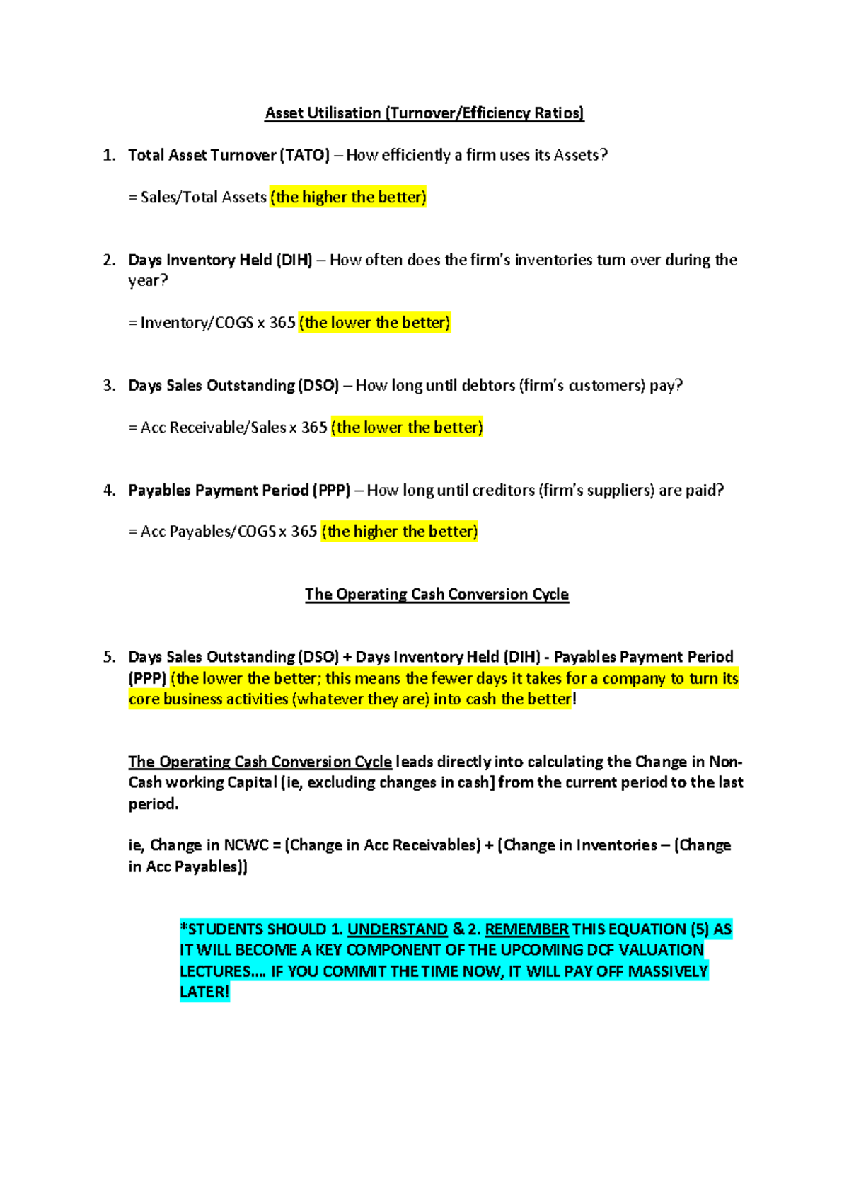 Financial Ratio Cheat Sheet - Asset Utilisation (Turnover/Efficiency ...
