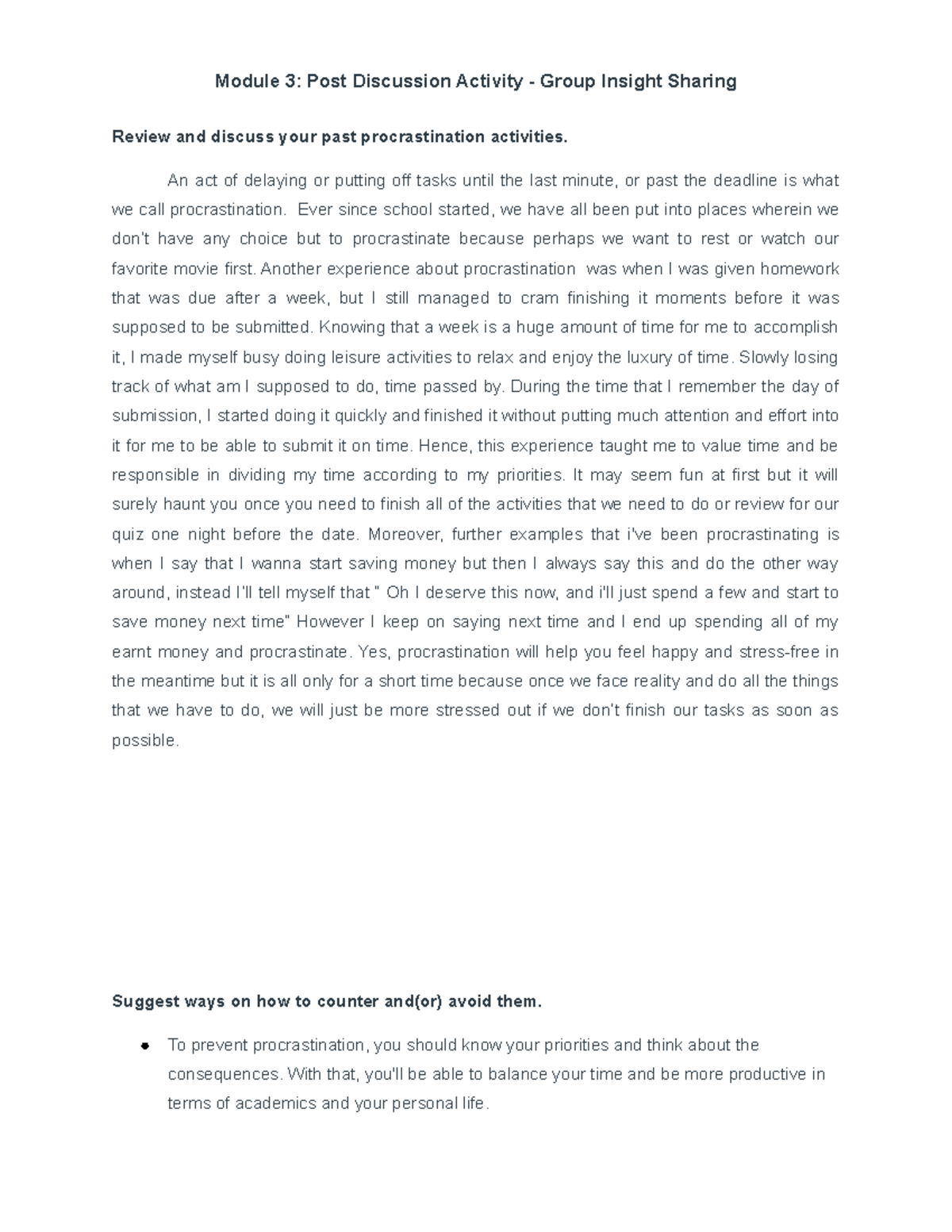 Sselect Module 3 - what is procrastination - Module 3: Post Discussion ...
