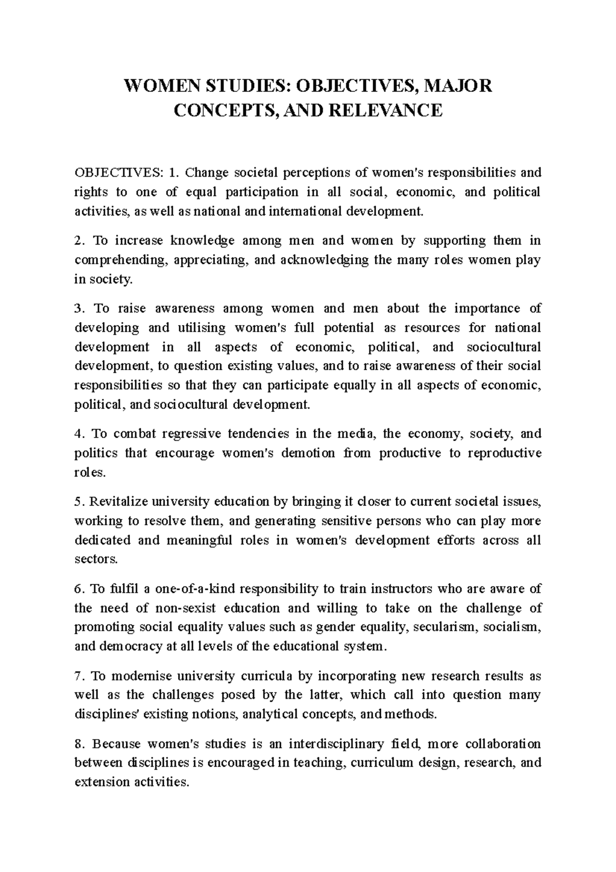 Women Studies Objectives, Major Concepts, AND Relevance - WOMEN STUDIES ...