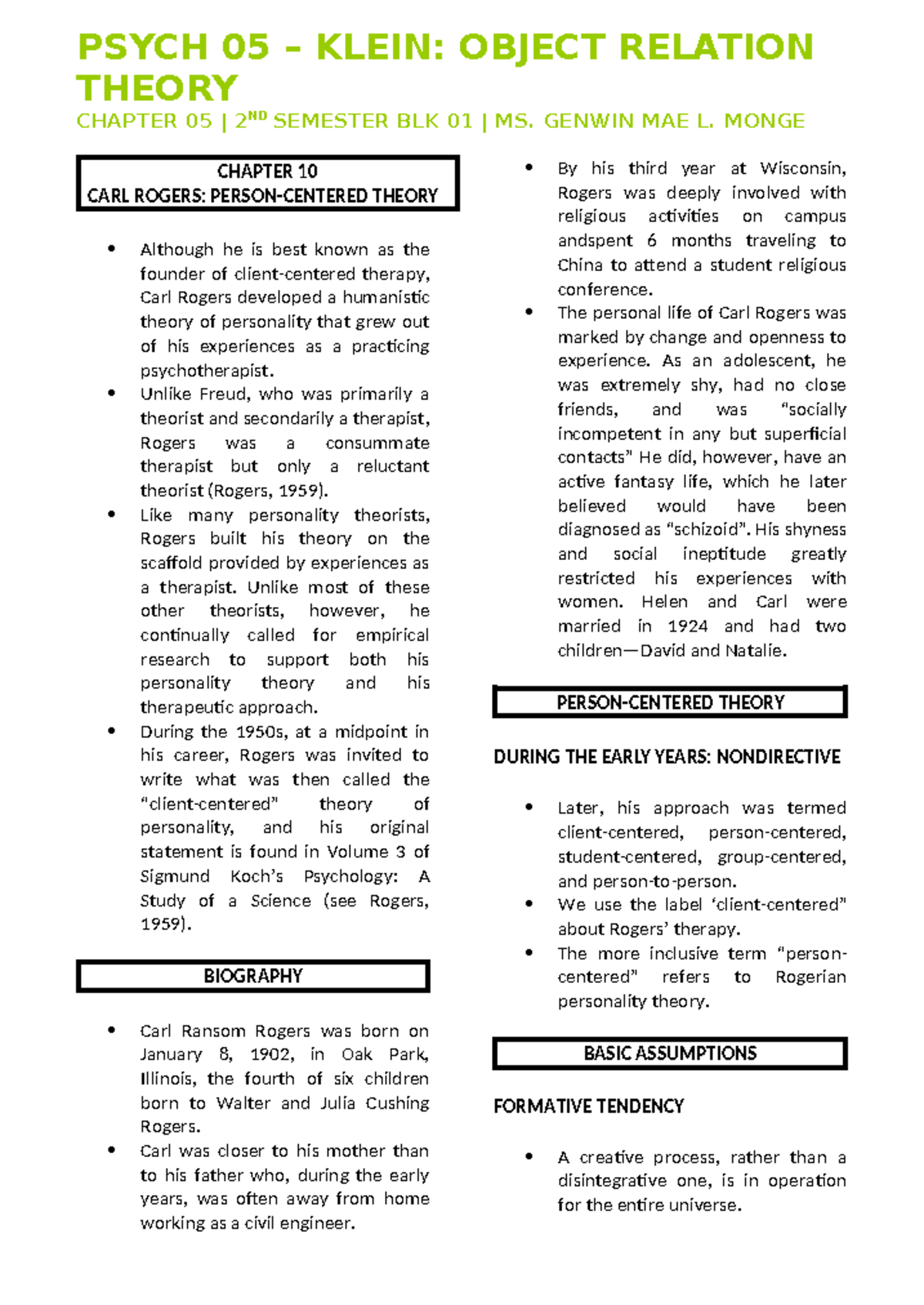 CHAP 10 - Rogers - notes - PSYCH 05 – KLEIN: OBJECT RELATION THEORY ...