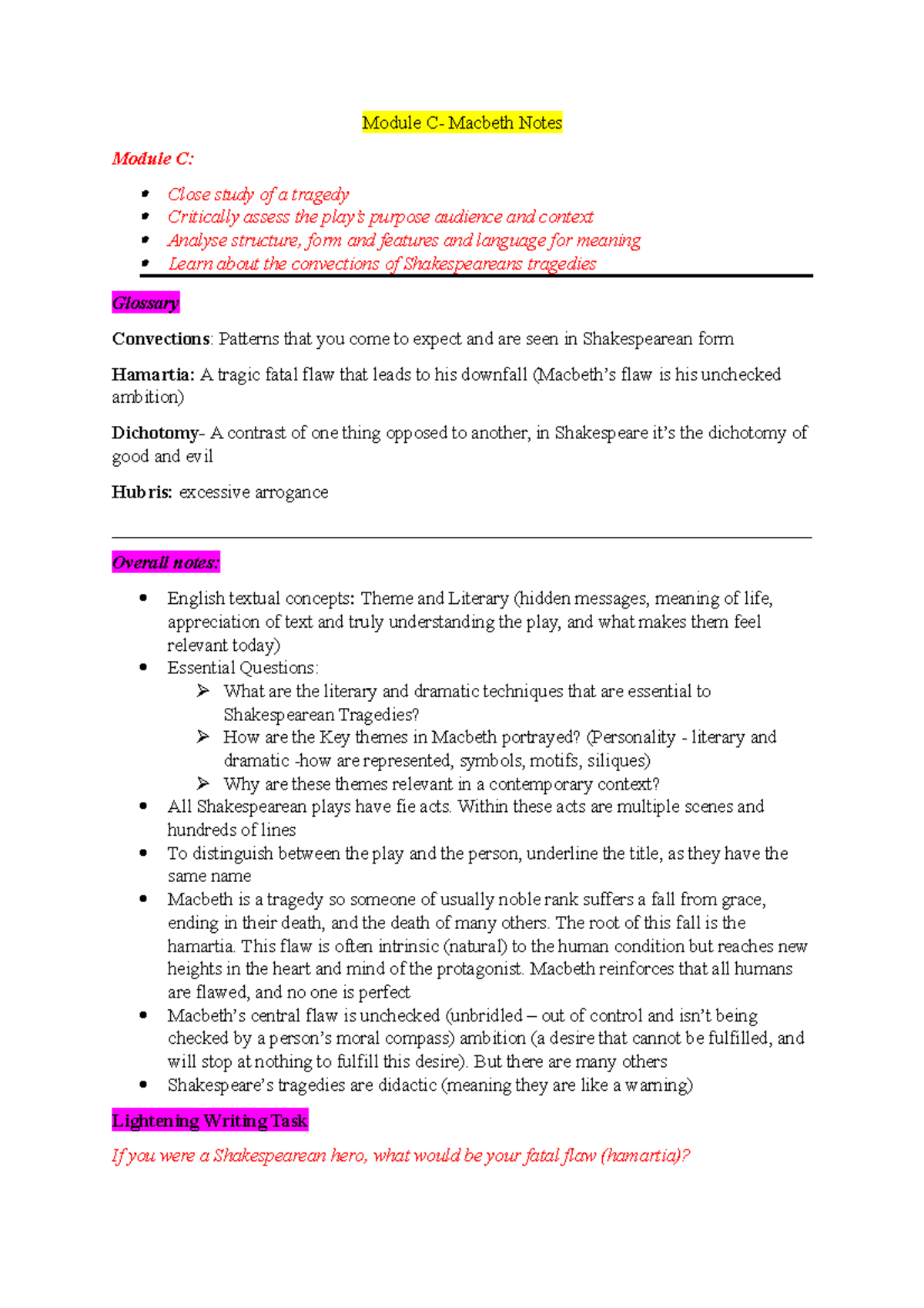 2. Macbeth Notes - Module C- Macbeth Notes Module C: Close study of a ...