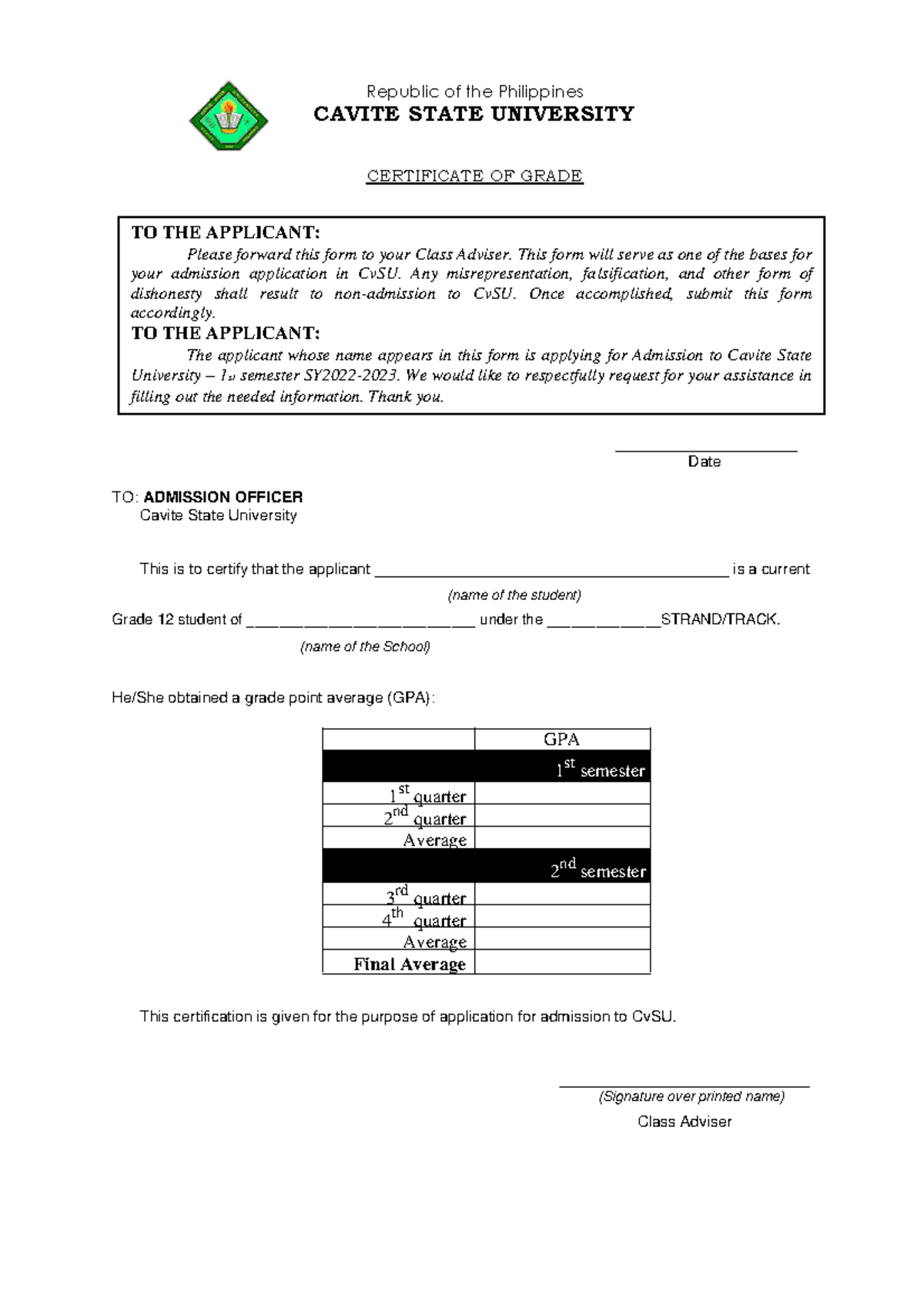 Certification-of-Grade - Republic of the Philippines CAVITE STATE ...