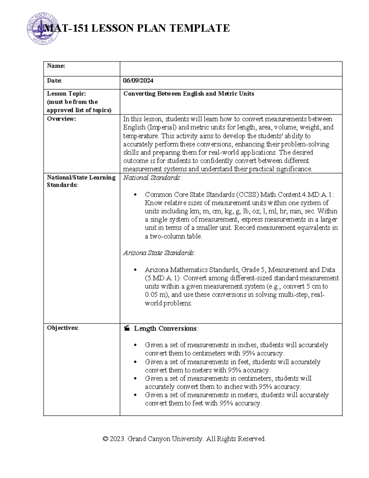 MAT-151 Lesson Plan Template - Name: Date: 06/09/ Lesson Topic: (must ...