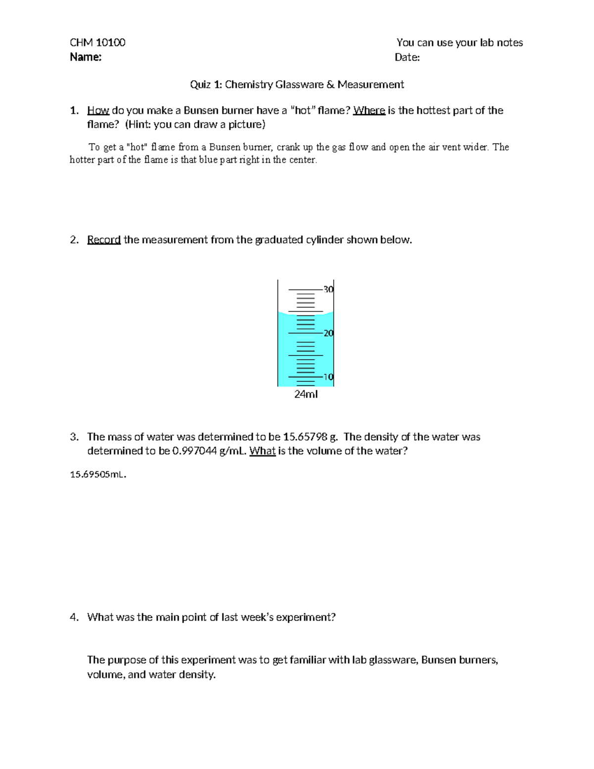 Quiz 1 - Glassware & Measurement - CHM 10100 You can use your lab notes ...