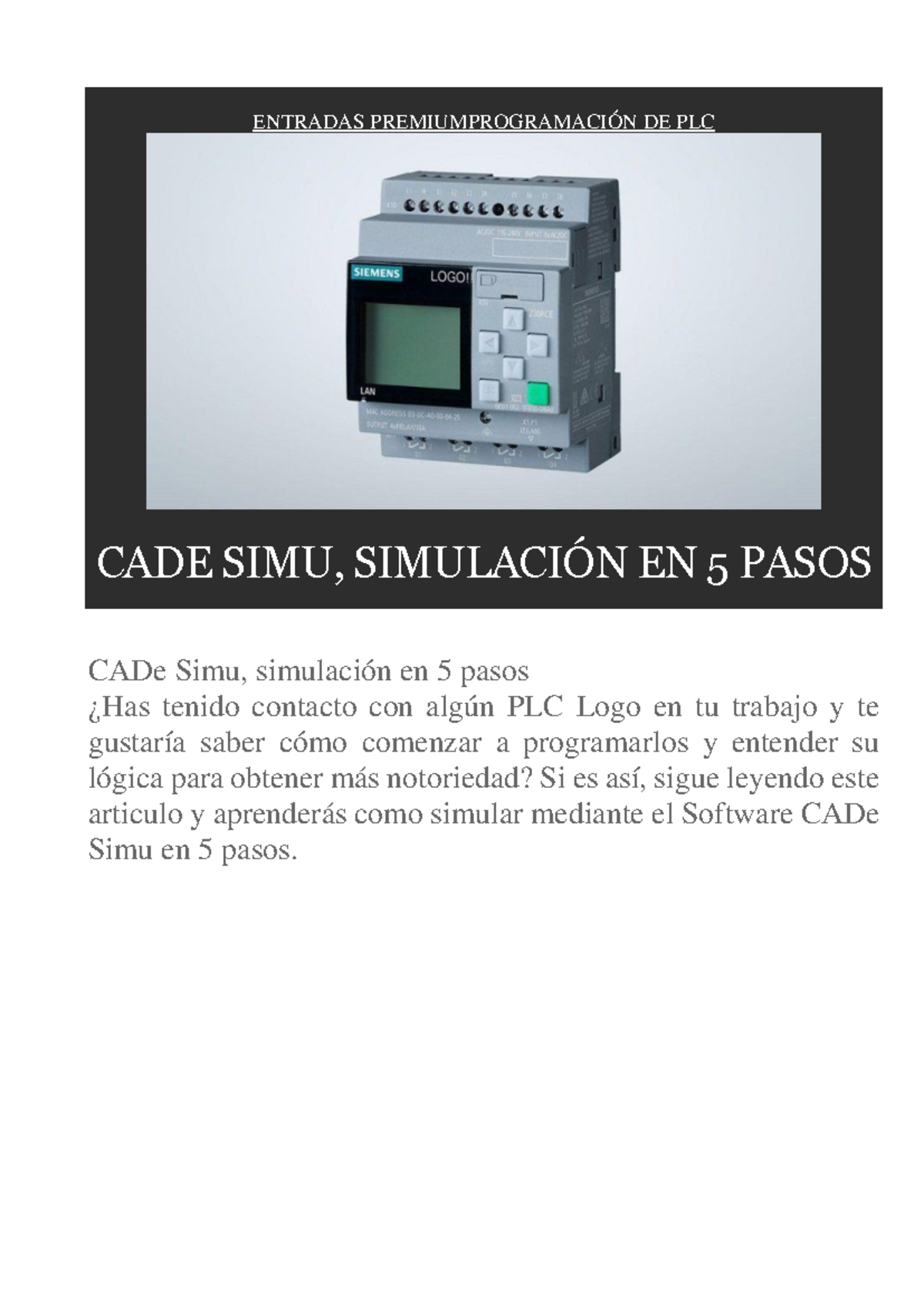 Logo Siemens en cade simu - ENTRADAS PREMIUMPROGRAMACIÓN DE PLC CADE ...