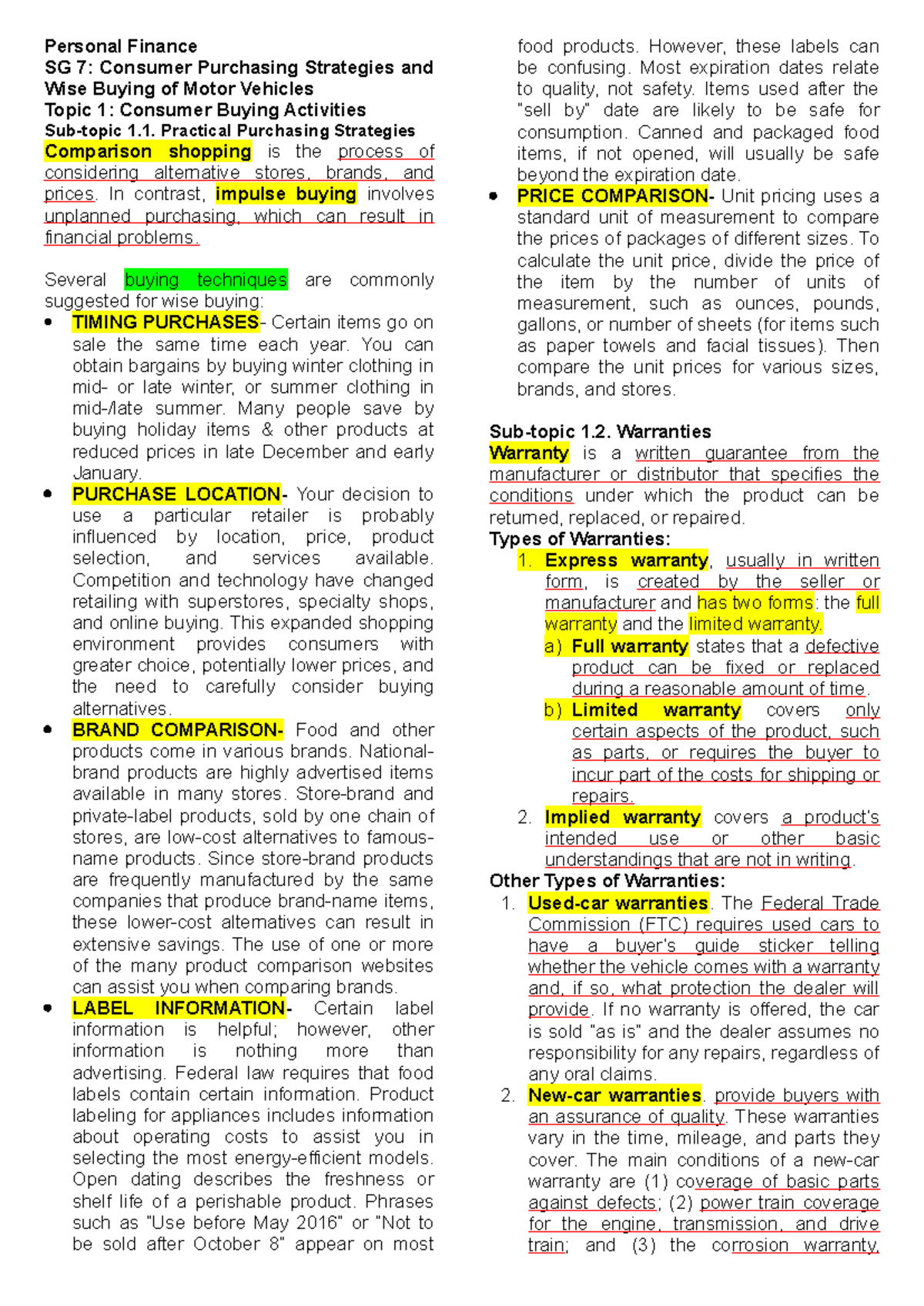 Notes Final A4 - module 7 notes summary - Personal Finance SG 7 ...