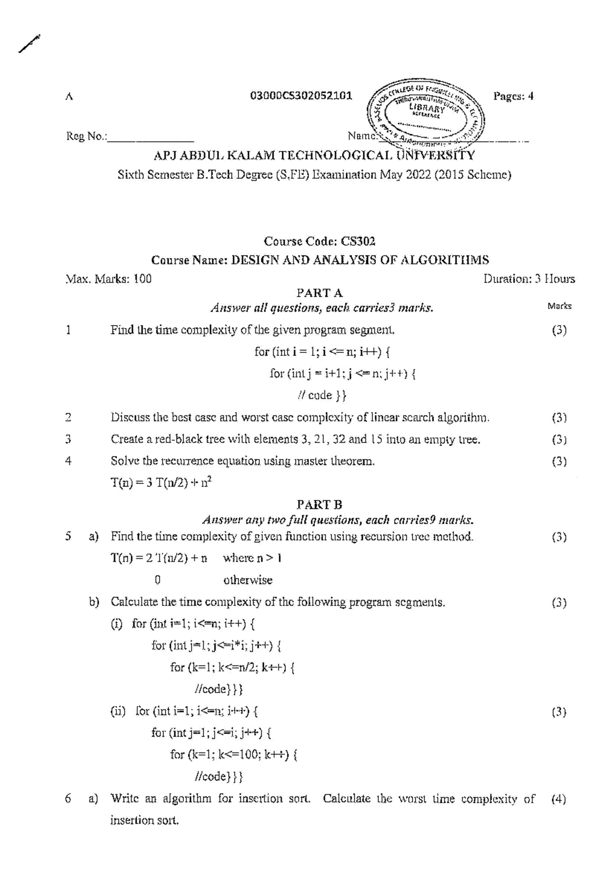 Cs302 s6 design-and-analysis-of-algorthims -may-2022 -2015-sch - Computer engineering - Studocu