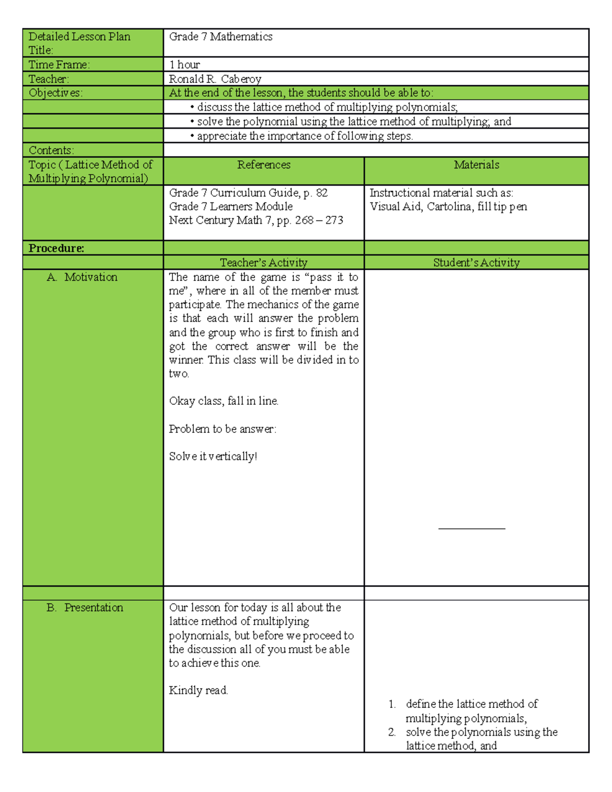 Lesson PLAN Caberoy - nice - Detailed Lesson Plan Title: Grade 7 ...