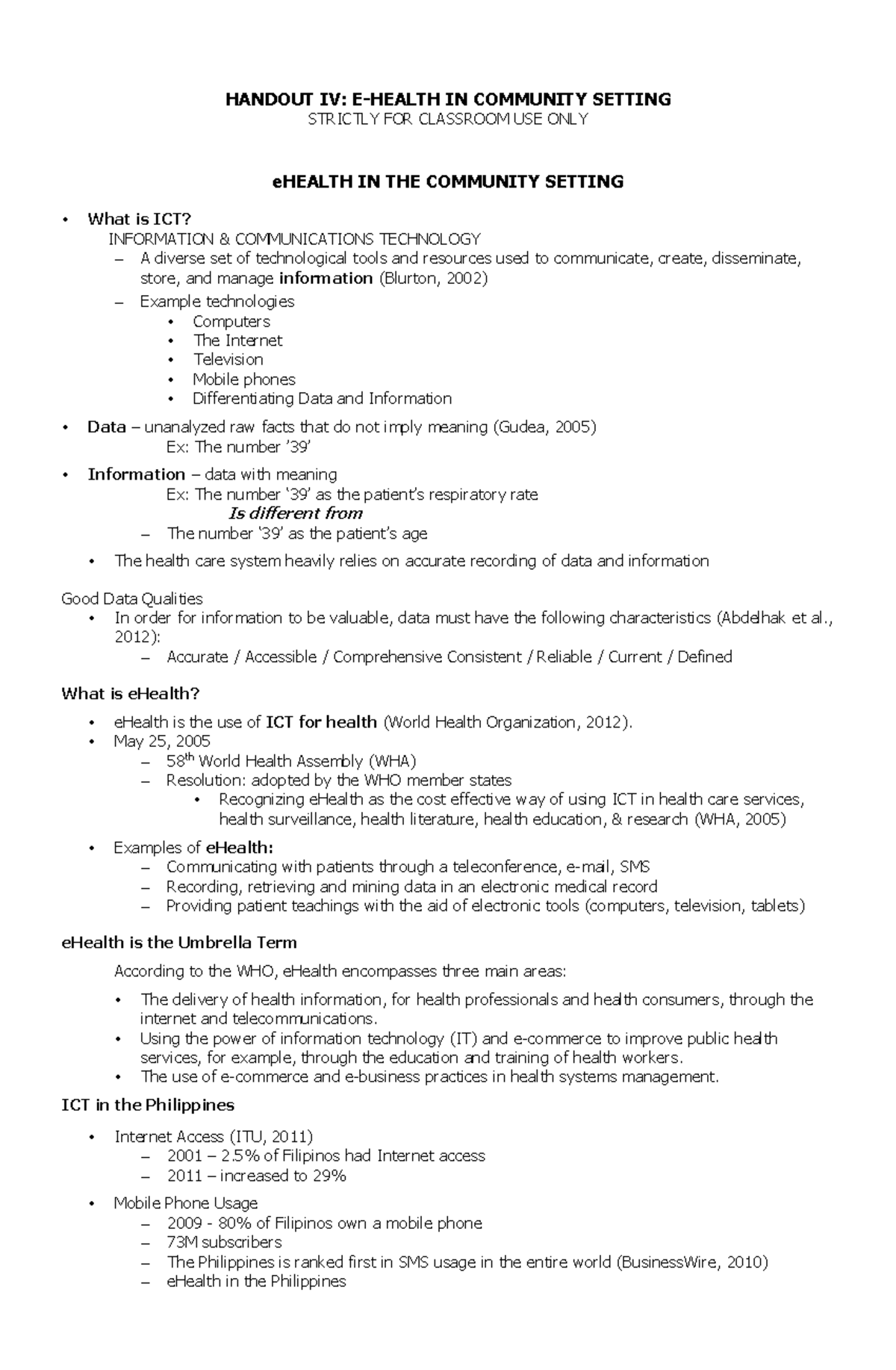 CHN- Handout-4 - Handouts can be reviewer - HANDOUT IV: E-HEALTH IN ...