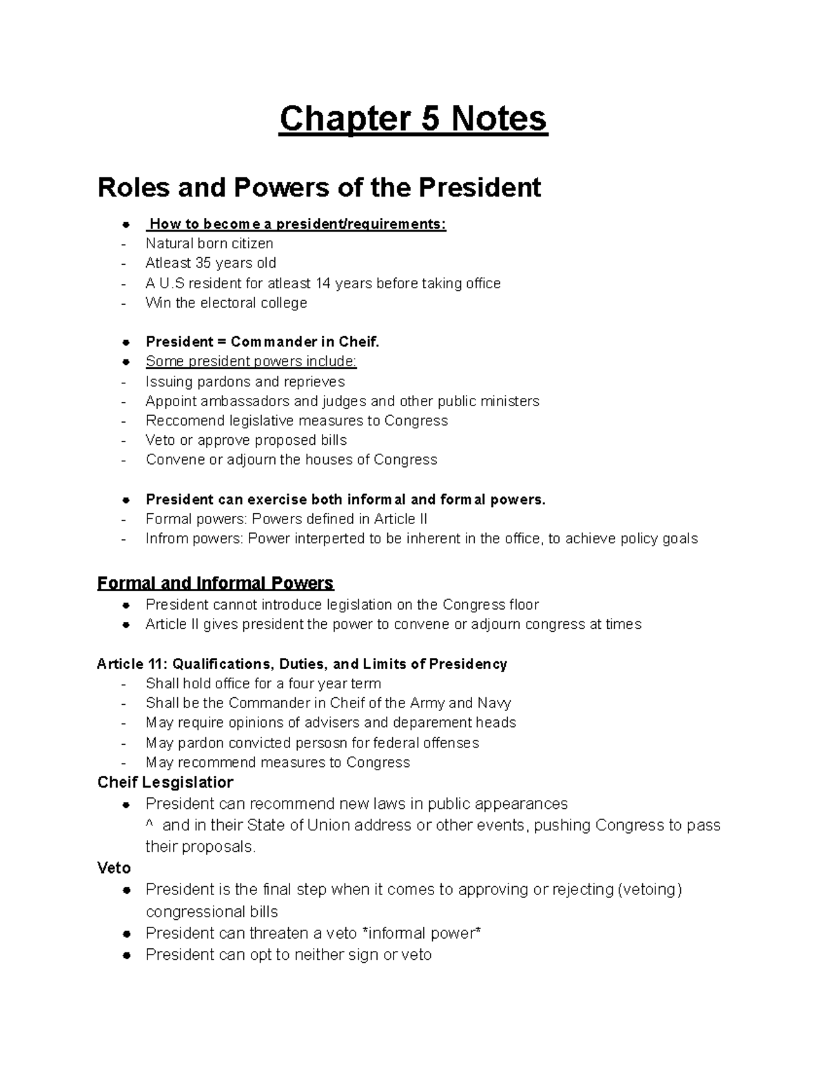 Chapter 5 Notes - Describes the power of the president and all that has ...