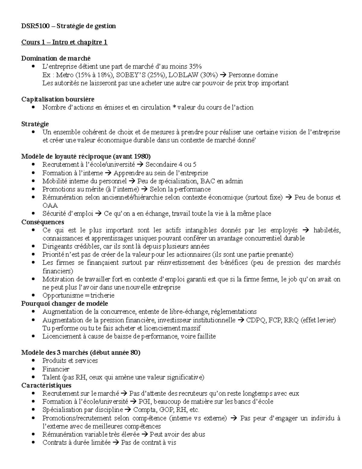 Note De Cours Chapitre 1 3 4 Et 5 DSR5100 Strat gie De Gestion
