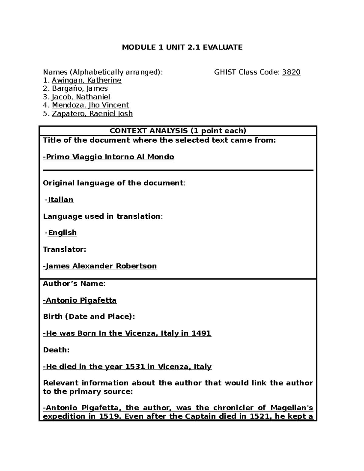 Module 1 UNIT 2 - MODULE 1 UNIT 2 EVALUATE Names (Alphabetically ...