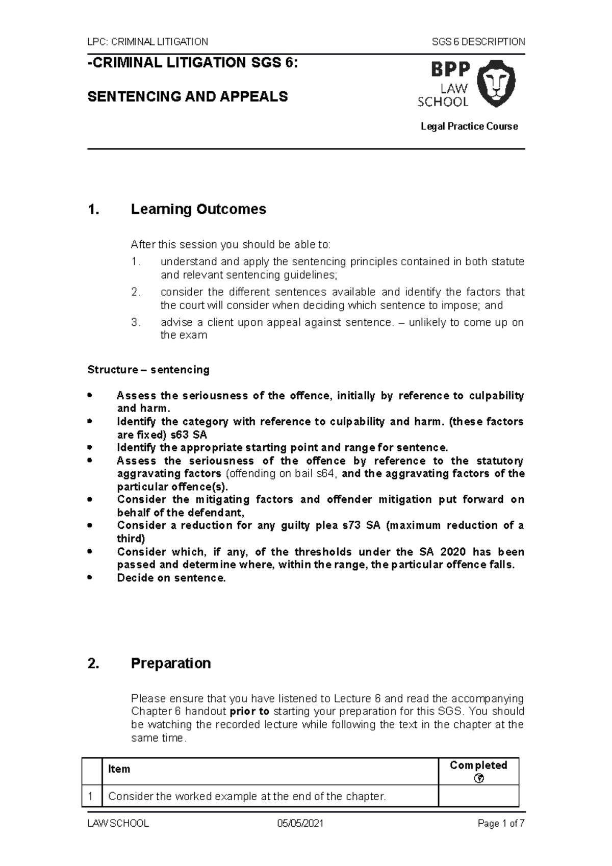 Criminal Litigation SGS 6 Description 22-23 - LPC: CRIMINAL LITIGATION ...