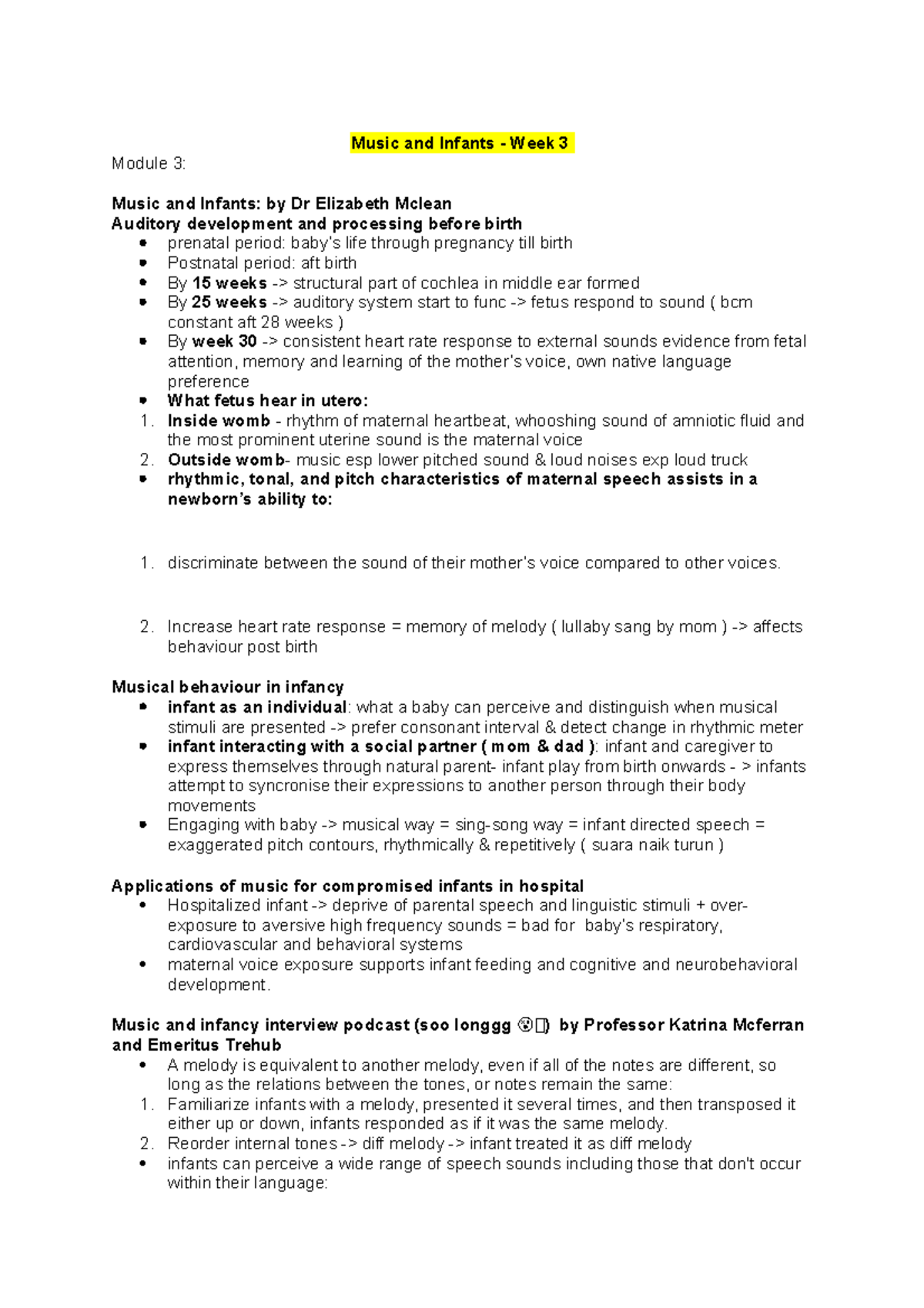 Music and Infants Summary Week 3 MUSi2014 9 - Music and Infants - Week ...