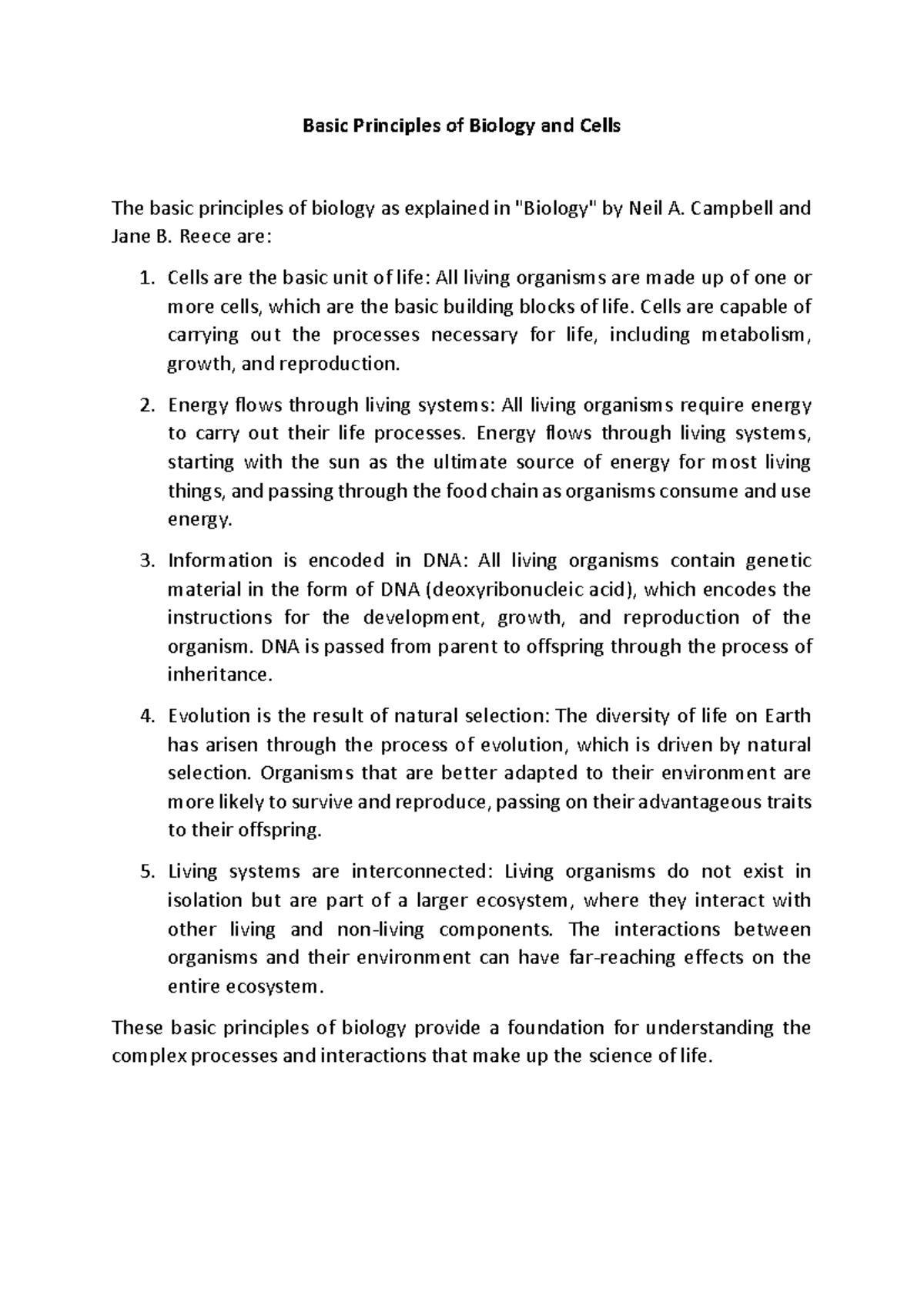 Biology 1 - Basic Principles of Biology and Cells The basic principles ...