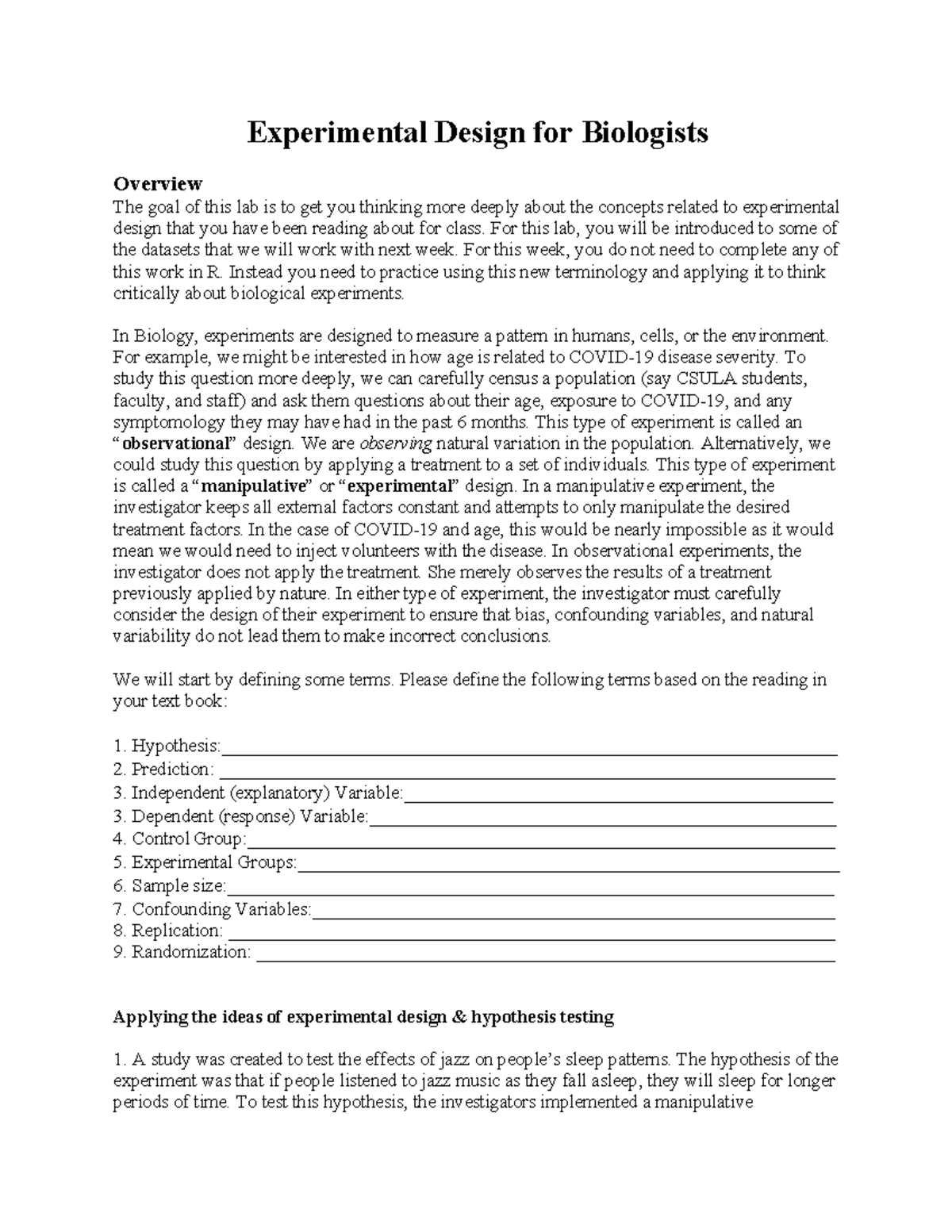 Lab Assignment 2 - Experimental Design for Biologists - Experimental ...