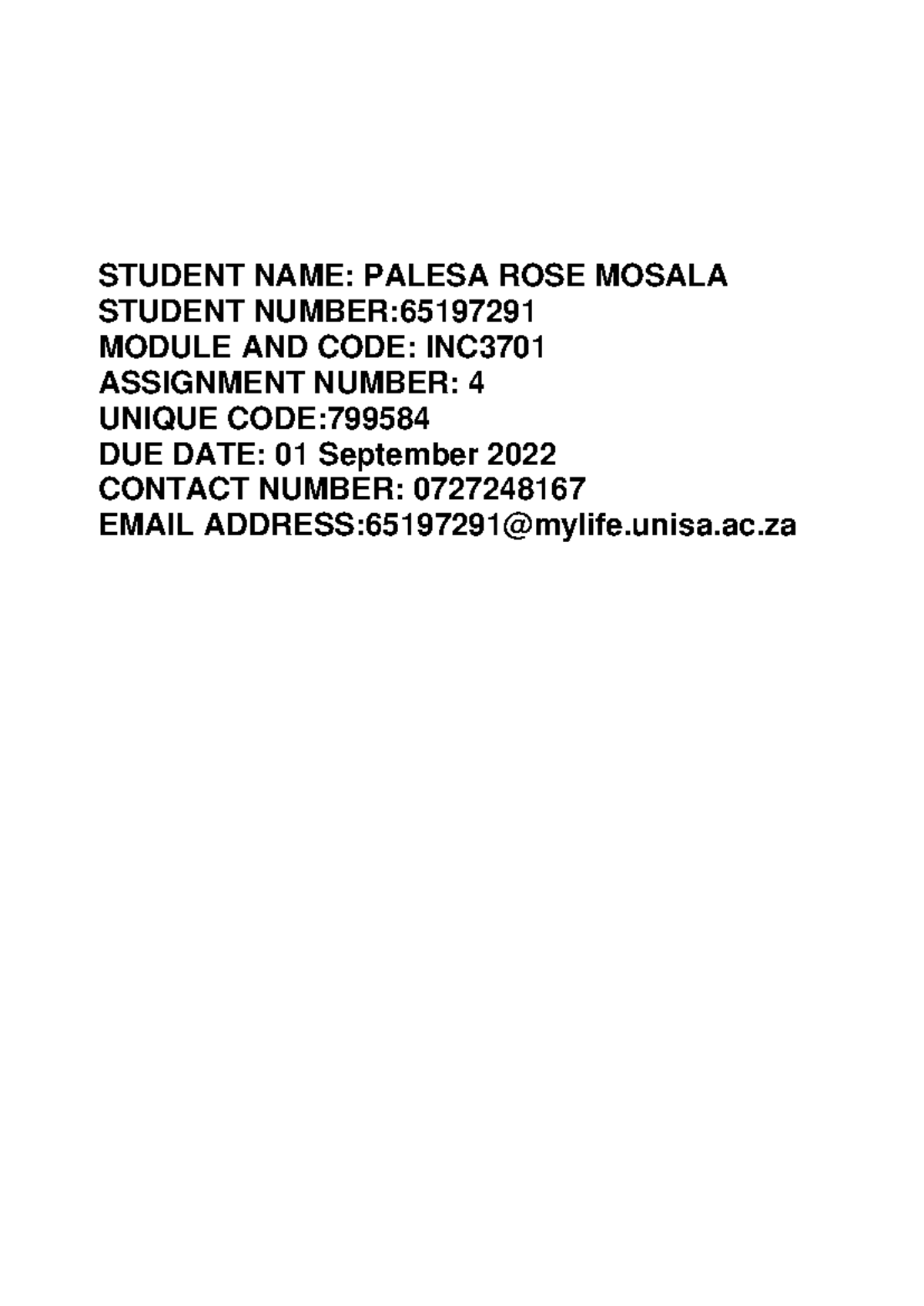 INC3701 Assignment 4 - STUDENT NAME: PALESA ROSE MOSALA STUDENT NUMBER ...