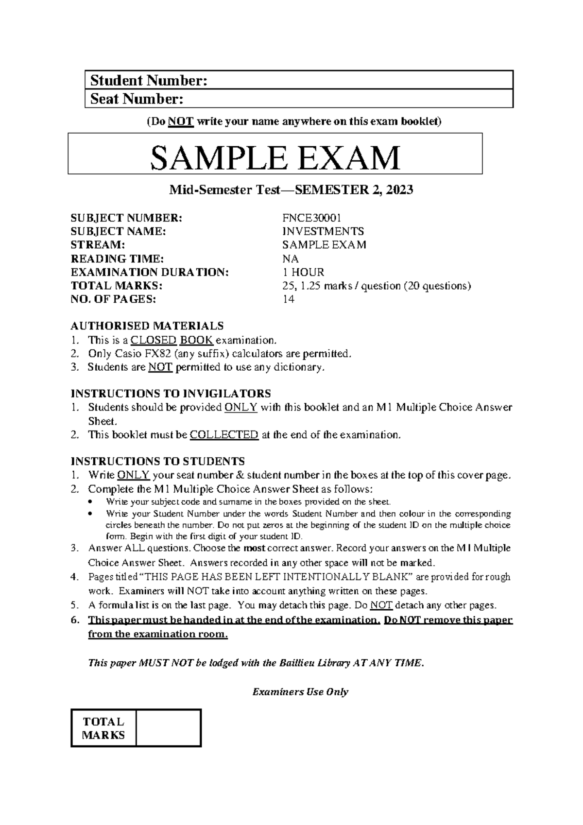 Midterm Sample Exam Answers - Student Number: Seat Number: (Do NOT ...