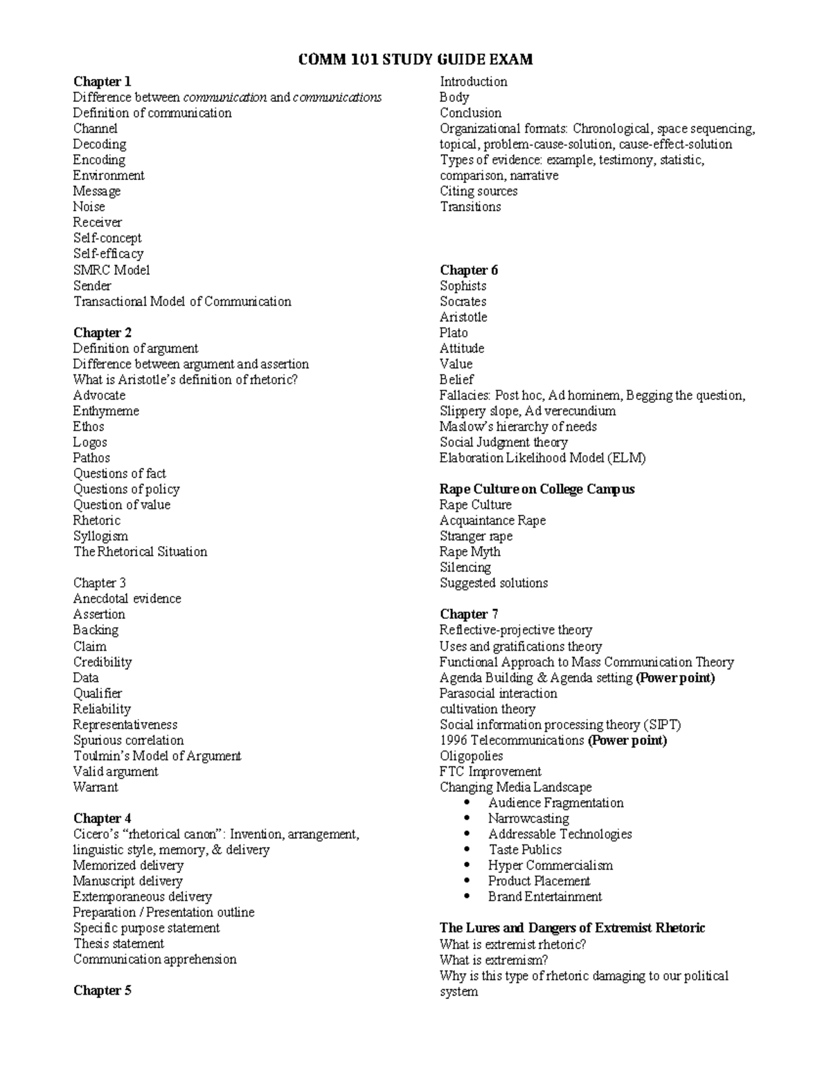 Study Guide Exam 1 v1 - COMM 101 STUDY GUIDE EXAM Chapter 1 Difference ...