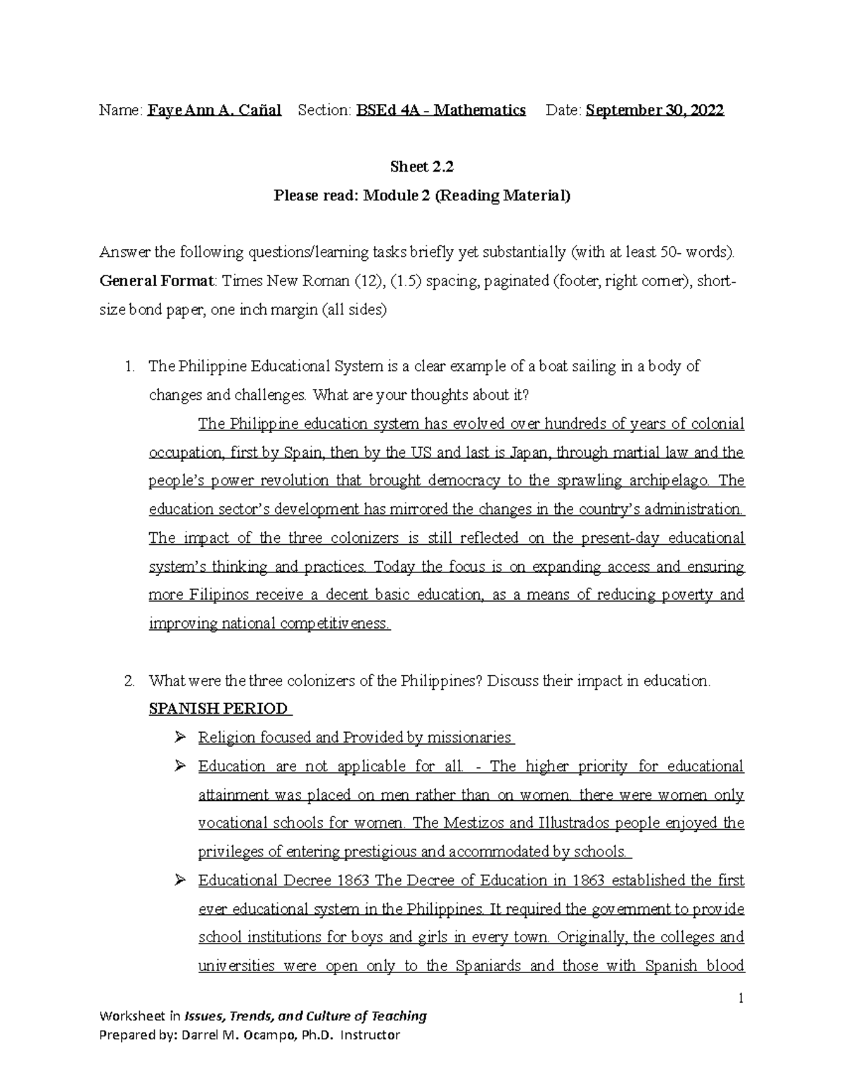 Activity 2.2 Please read: Module 2 (Reading Material) - Name: Faye Ann ...