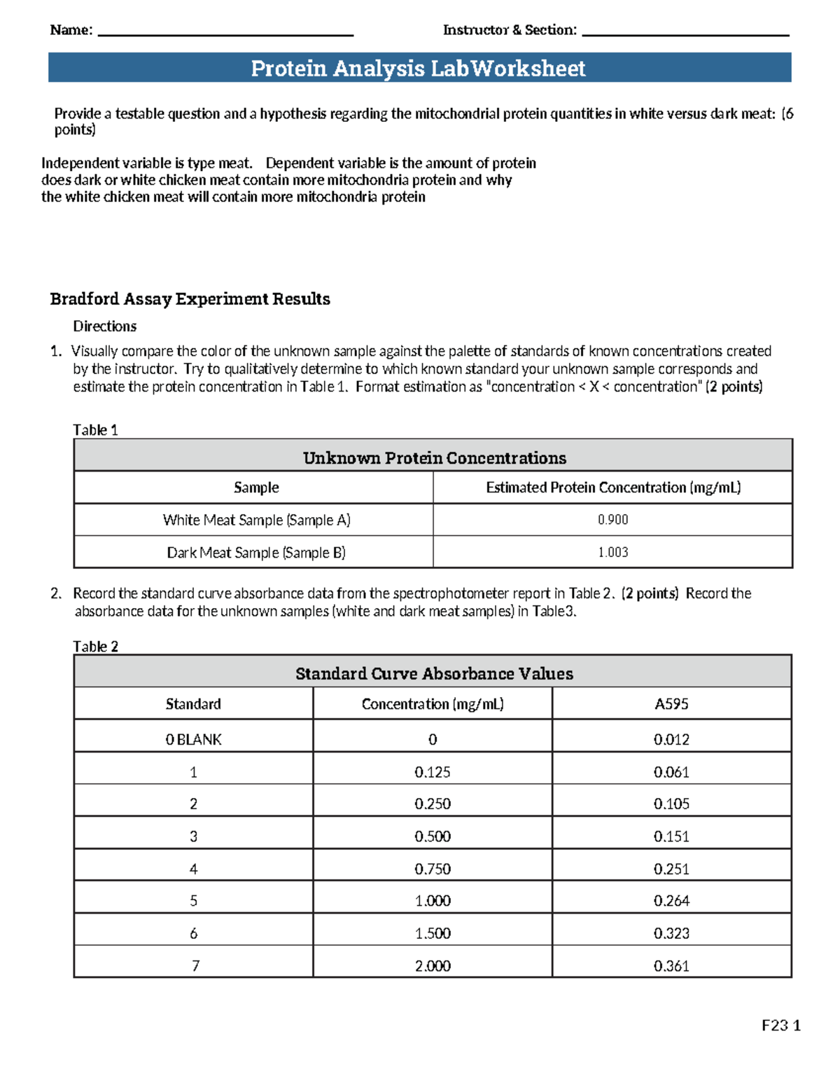 F23 Protein Analysis Worksheet - Name: Instructor & Section: Protein ...