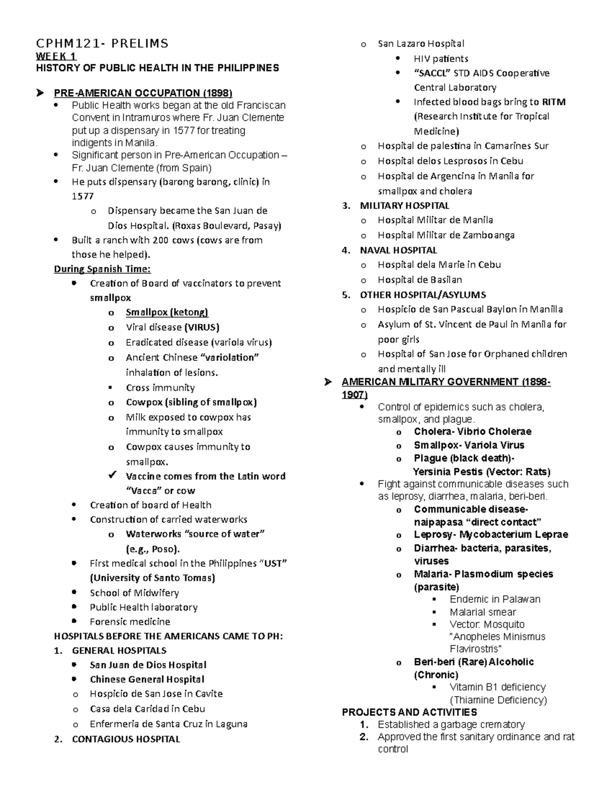 CPH M121- Transes - Reviewer - CPHM121- PRELIMS W E E K 1 HISTORY OF PUBLIC HEALTH IN THE - Studocu