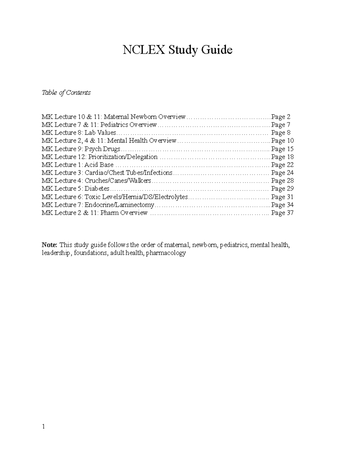 Nclex Study Guide - NCLEX Study Guide Note: This study guide follows ...