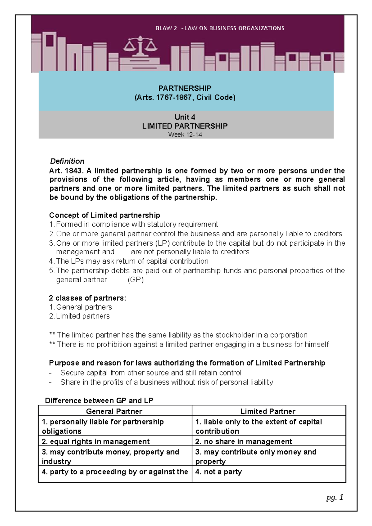 Unit 4 Limited Partnership - PARTNERSHIP (Arts. 1767-1867, Civil Code ...