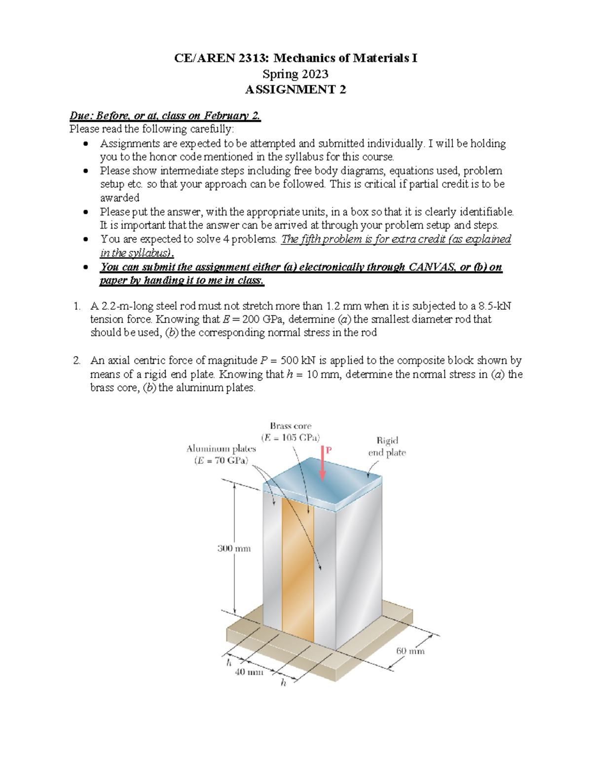Assignment 2 - ce courses - CE/AREN 2313: Mechanics of Materials I ...