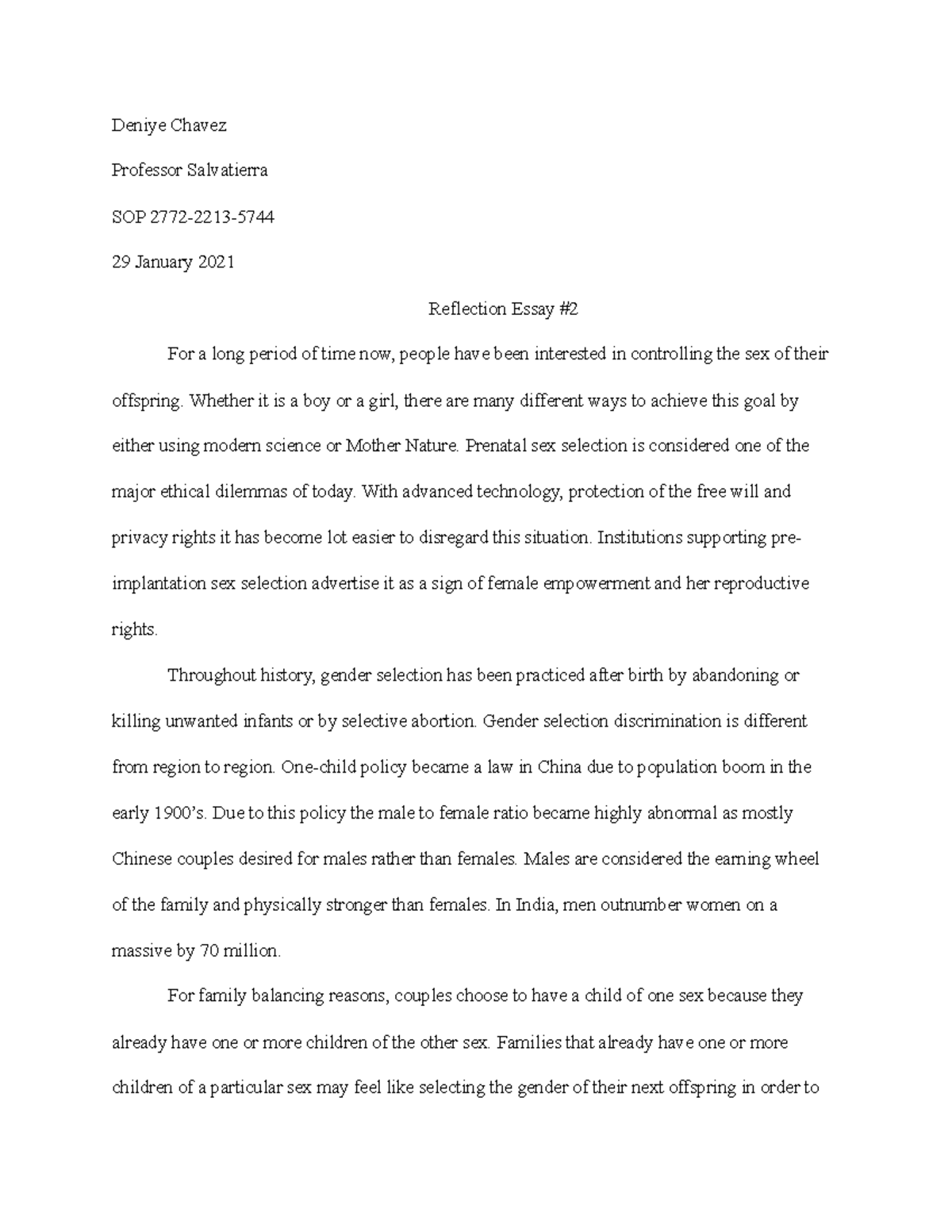 Reflection Essay #2 - In the prenatal period, sex determination and differentiation occur in a ...