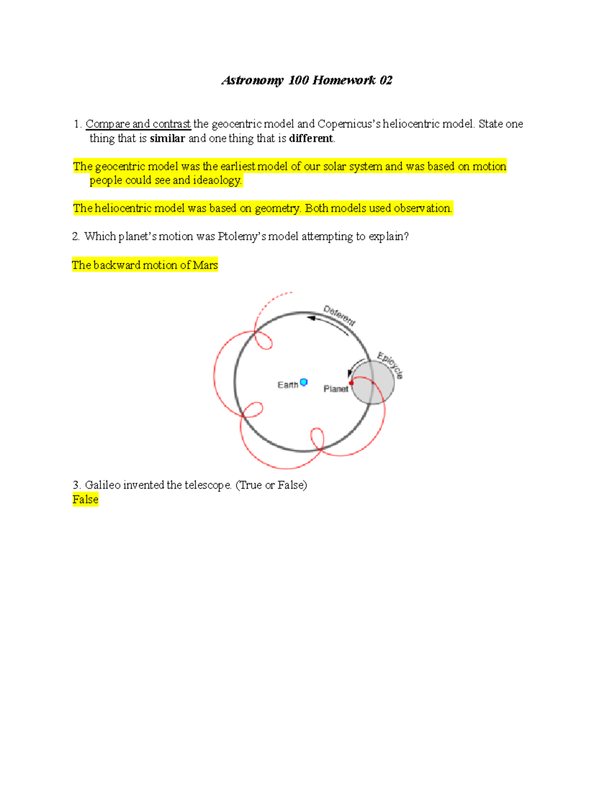 Homework 2 - ASTRON-100-83970 - Astronomy 100 Homework 02 Compare and ...