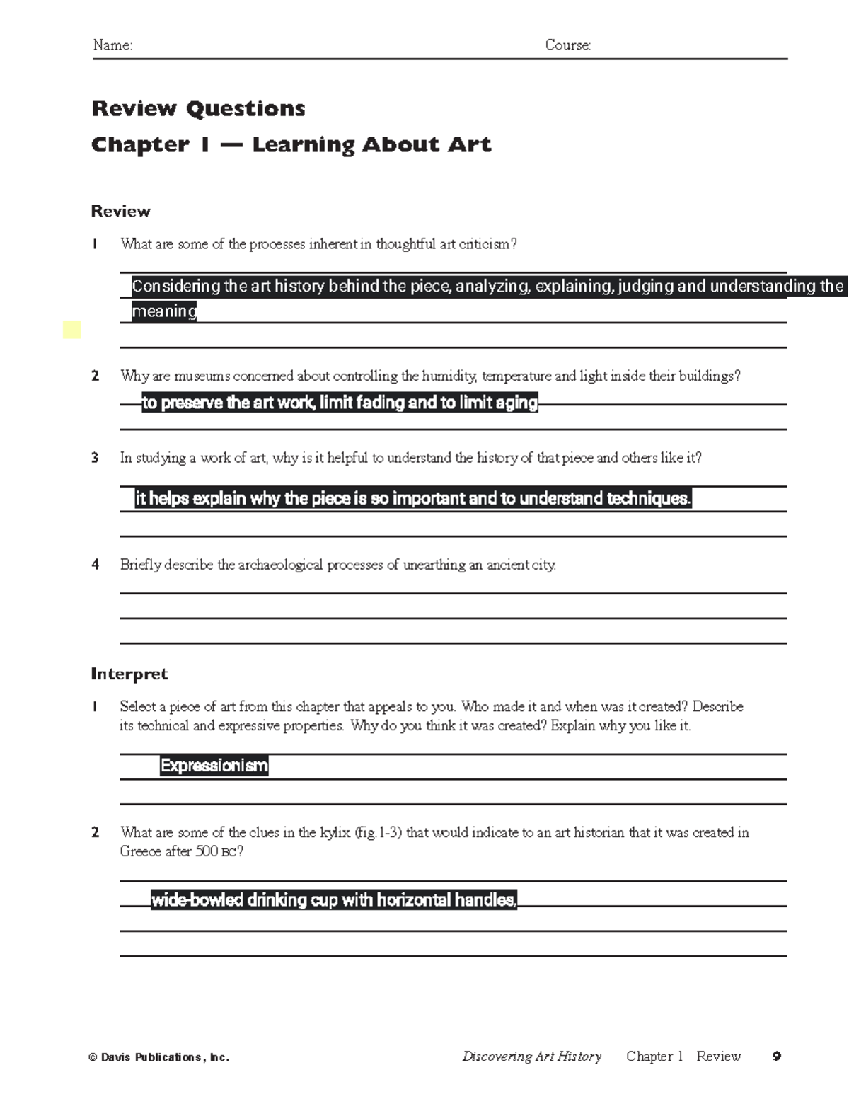 Lauren Ruffin - Chapter 1 Review - Name: Course: © Davis Publications ...