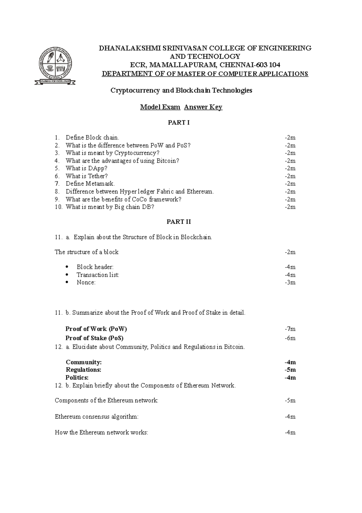 CNBT Model Exam Answer Key - DHANALAKSHMI SRINIVASAN COLLEGE OF ...
