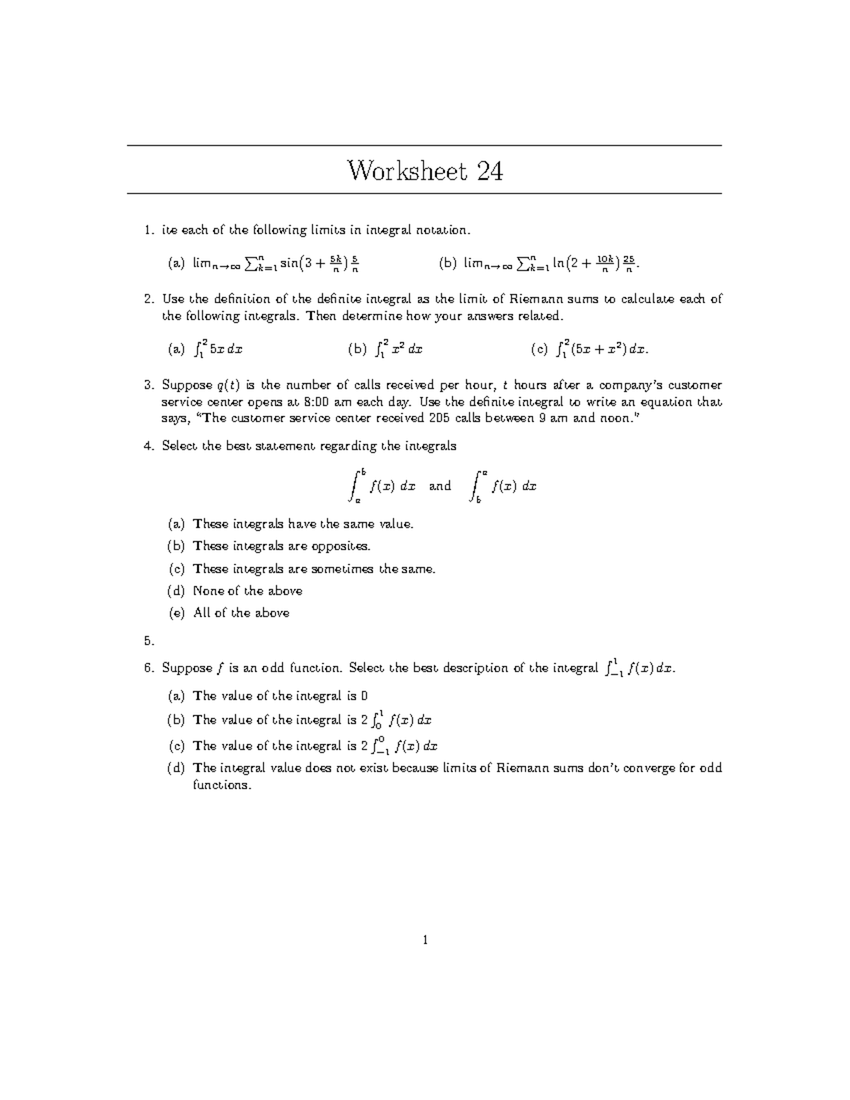 WS24 - limits of sigma notation and Riemann sums. - Worksheet 24 ite each of the following ...