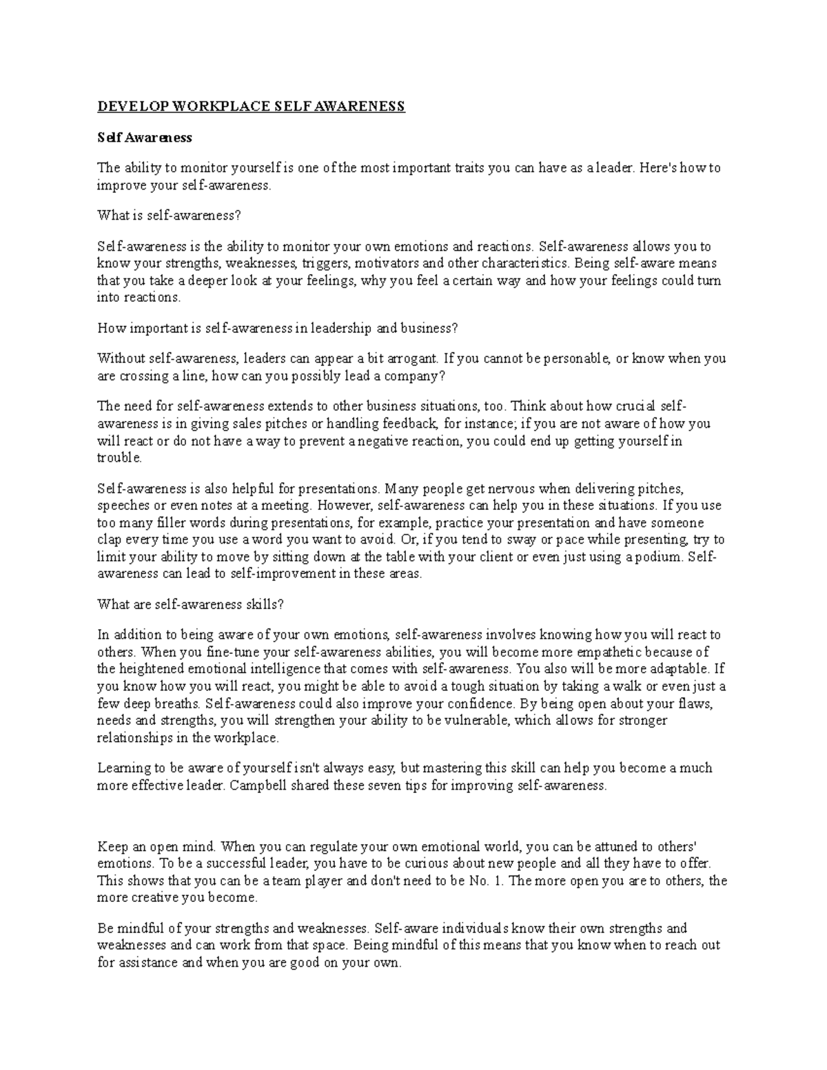 Develop Workplace SELF Awareness - DEVELOP WORKPLACE SELF AWARENESS ...