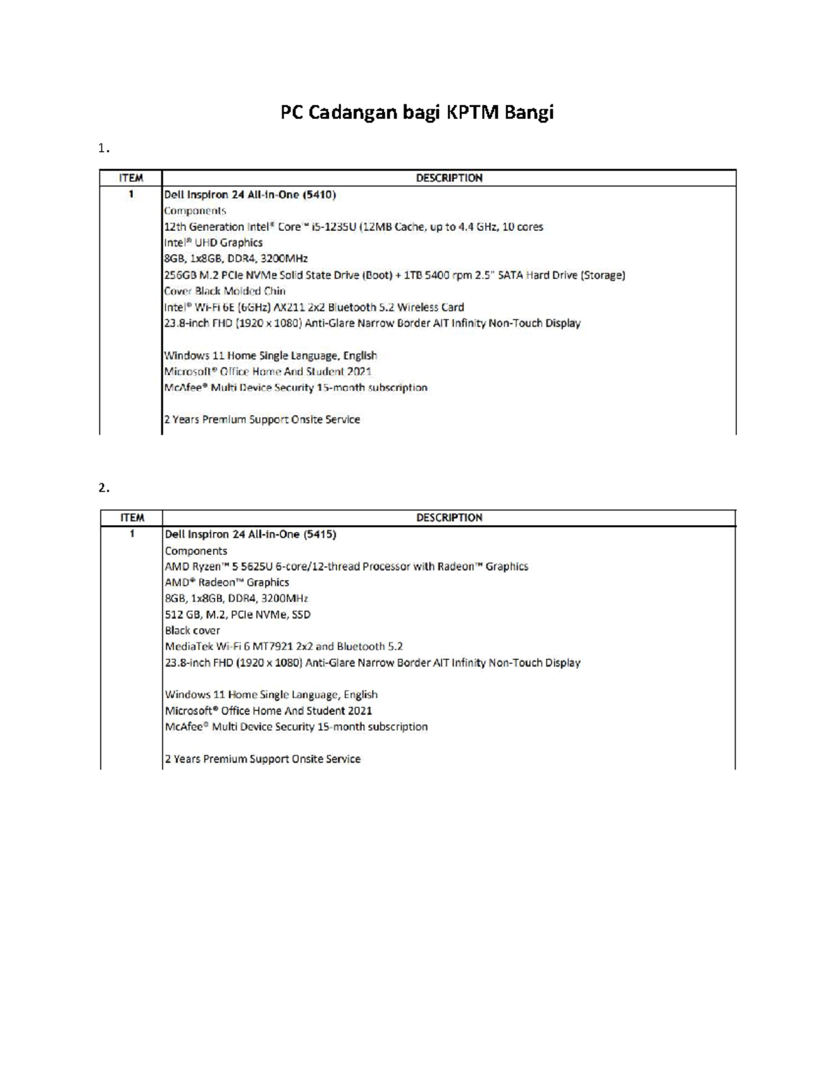 SPec PC KPTM Bangi 1 - spec - Account - PC Cadangan bagi KPTM Bangi 1. 2. 3. 4. - Studocu