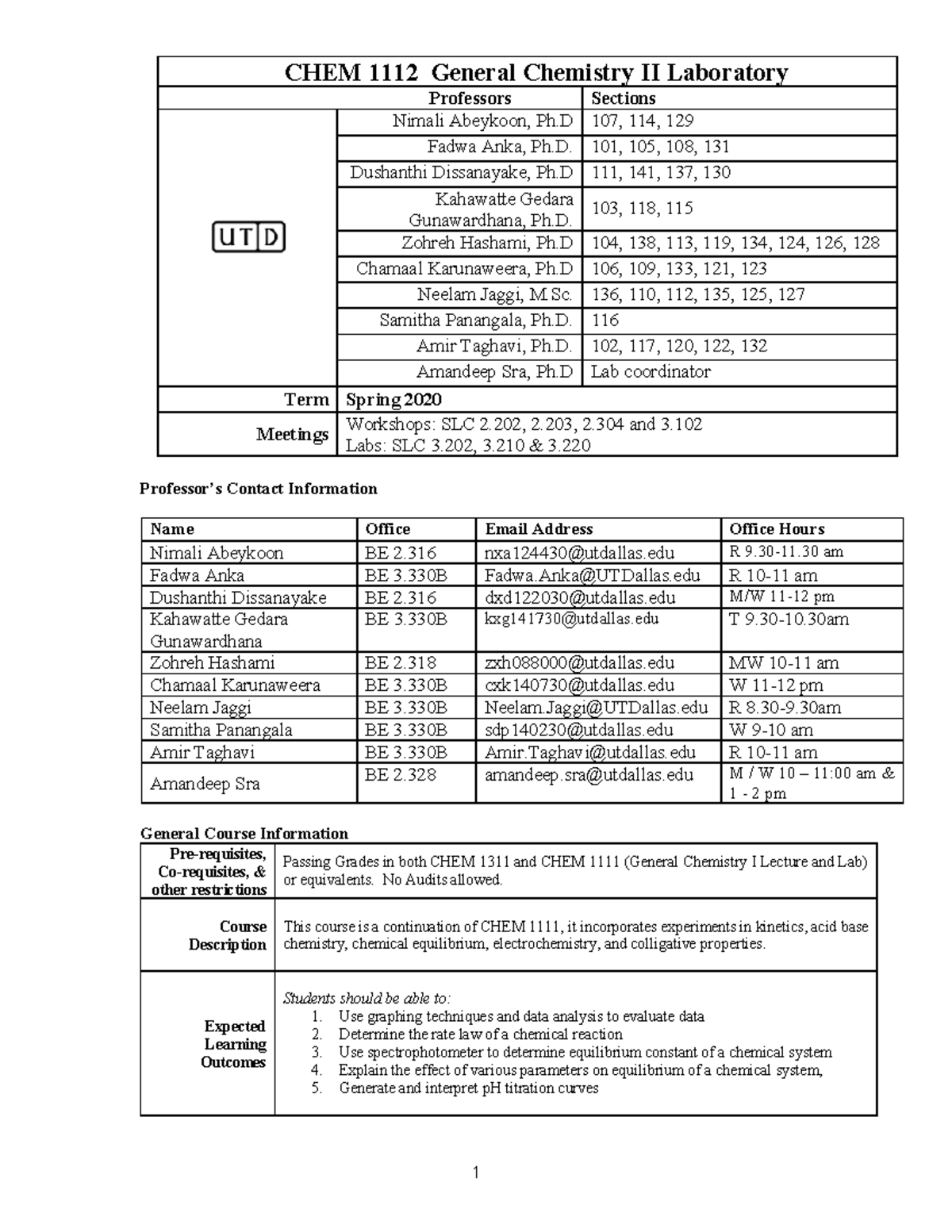 CHEM 1112 Syllabus S20 V3 - CHEM 1112 General Chemistry II Laboratory Professors Sections Nimali ...