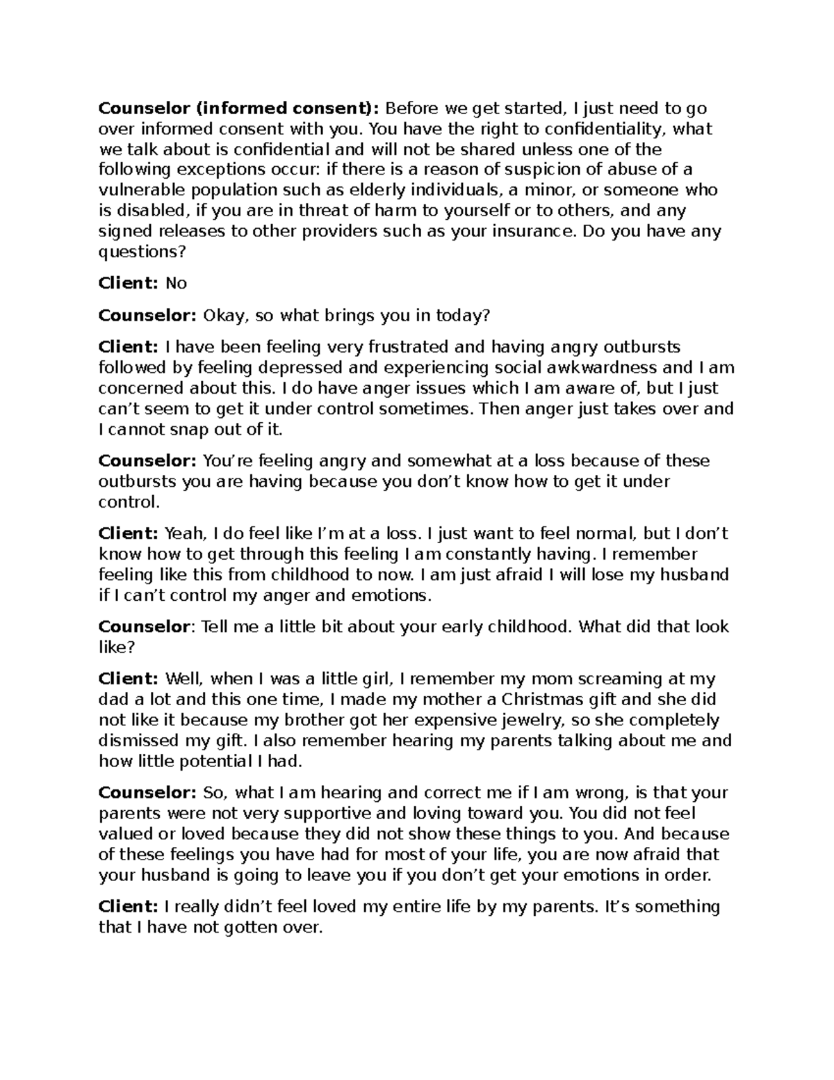 Week 6 practice script - Counselor (informed consent): Before we get ...