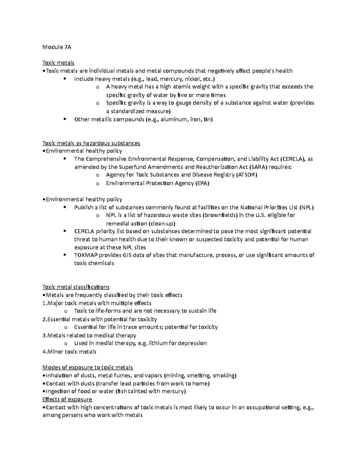 Module 7A - Module 7A Toxic metals •Toxic metals are individual metals ...