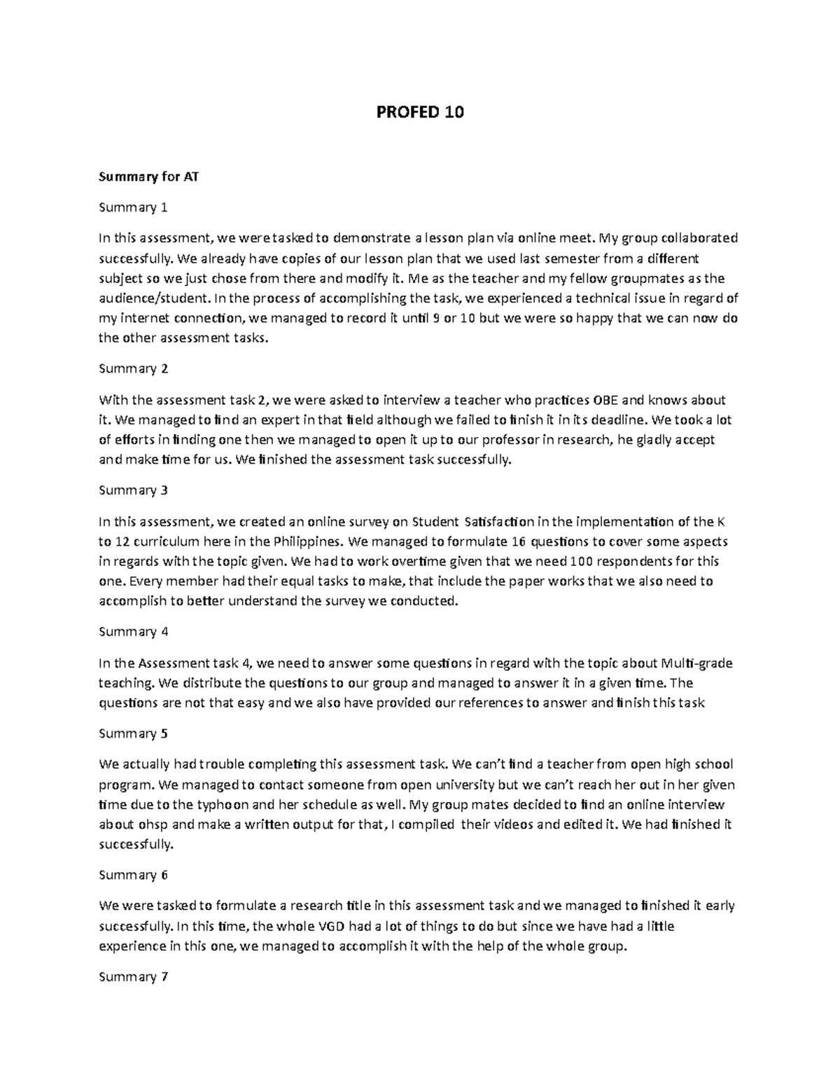 Self check 1 - Hope it helps - PROFED 10 Summary for AT Summary 1 In ...