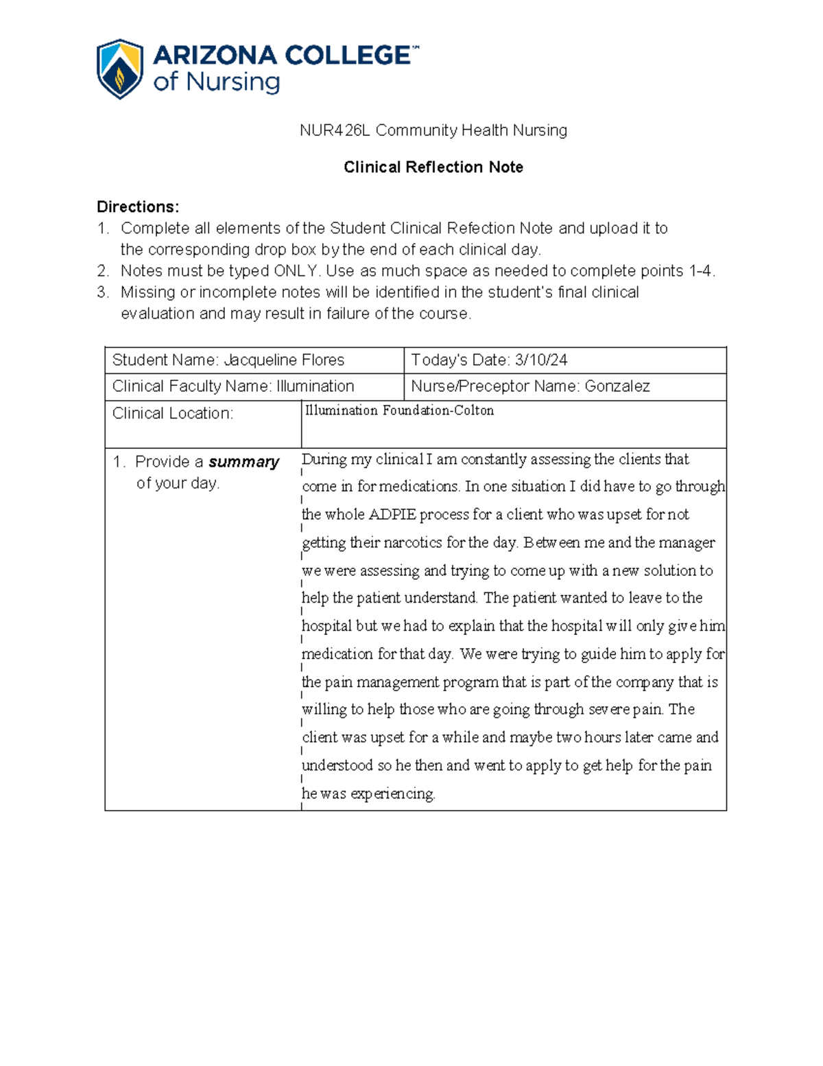 Clinical Reflection Note 2 - Notes must be typed ONLY. Use as much ...