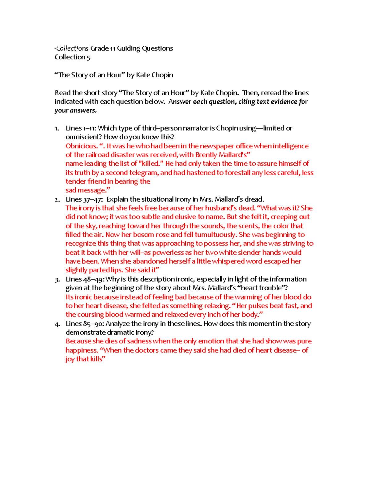 Guiding Questions - The Story of an Hour -Collections Grade 11 Guiding ...