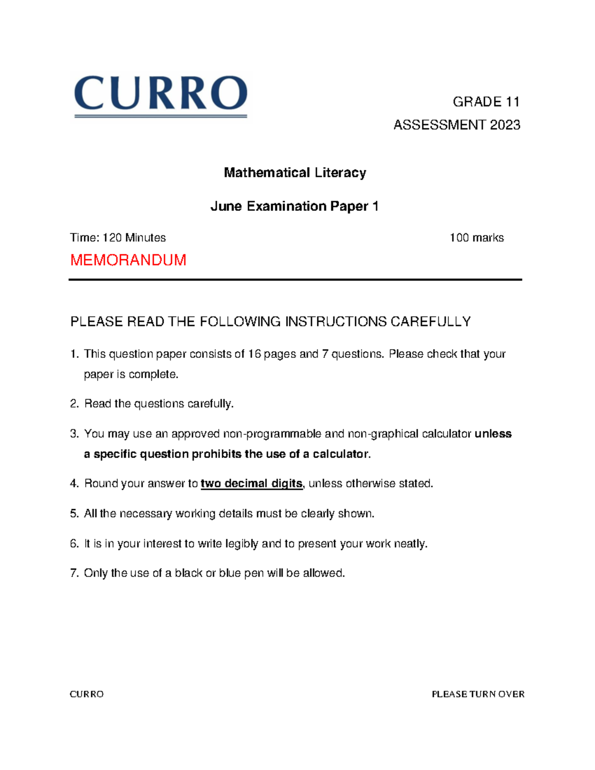 11 Digital Math Lit Paper based June Exam Paper 1 Jvd M DBE final MEMO ...