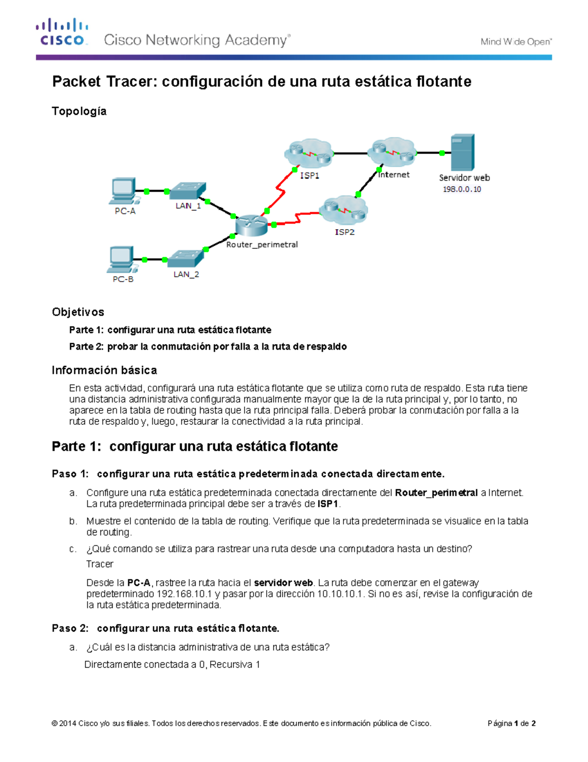 6.4.3.4 Packet Tracer - Configuring a Floating Static Route ...