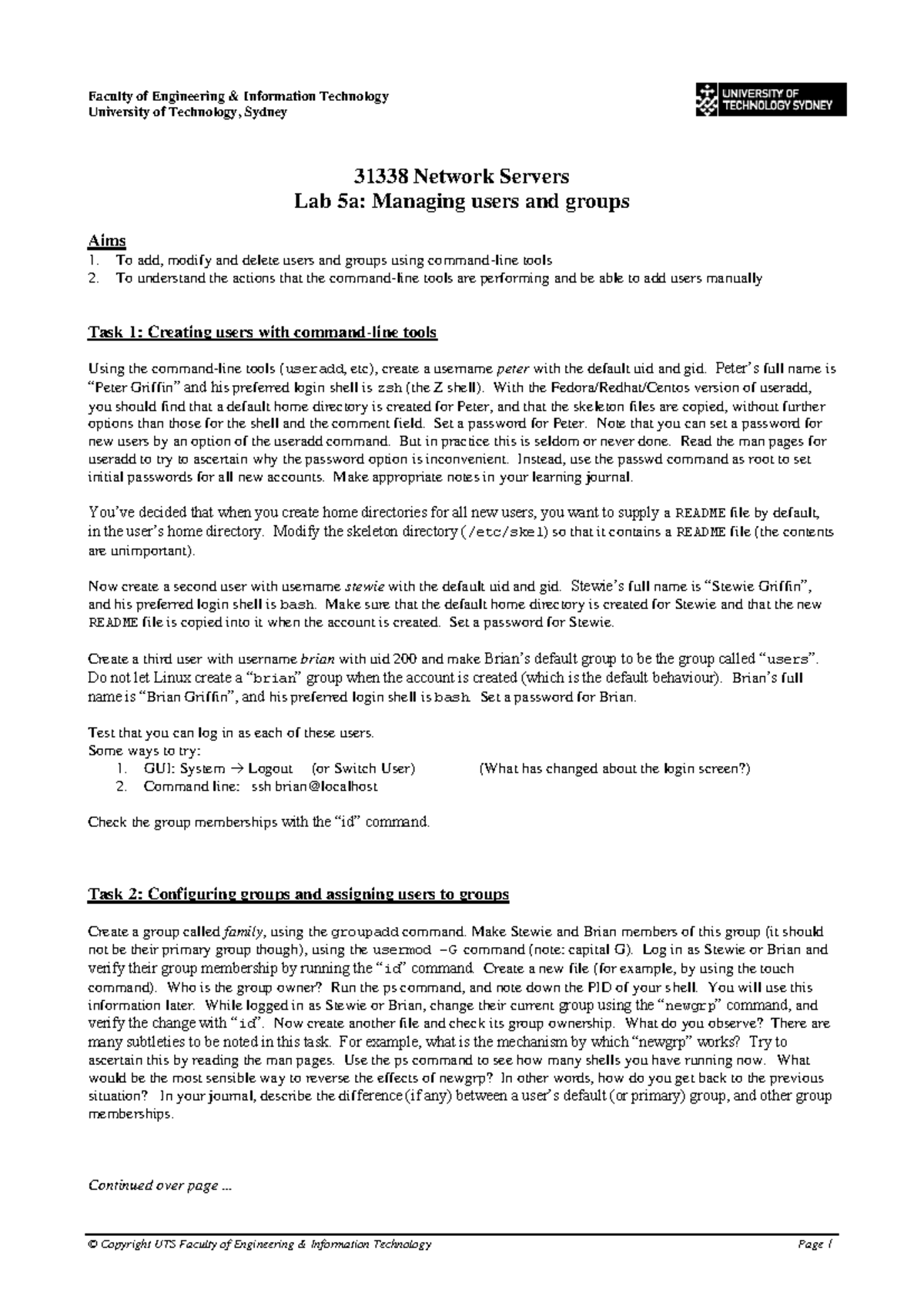 Lab 05a - Managing users and groups - © Copyright UTS Faculty of Engineering & Information - Studocu