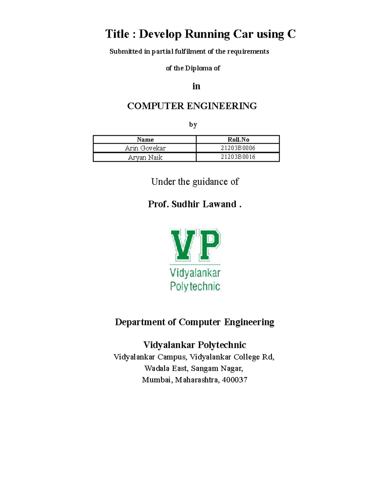 AB Format CGR hyr - Title : Develop Running Car using C Submitted in ...