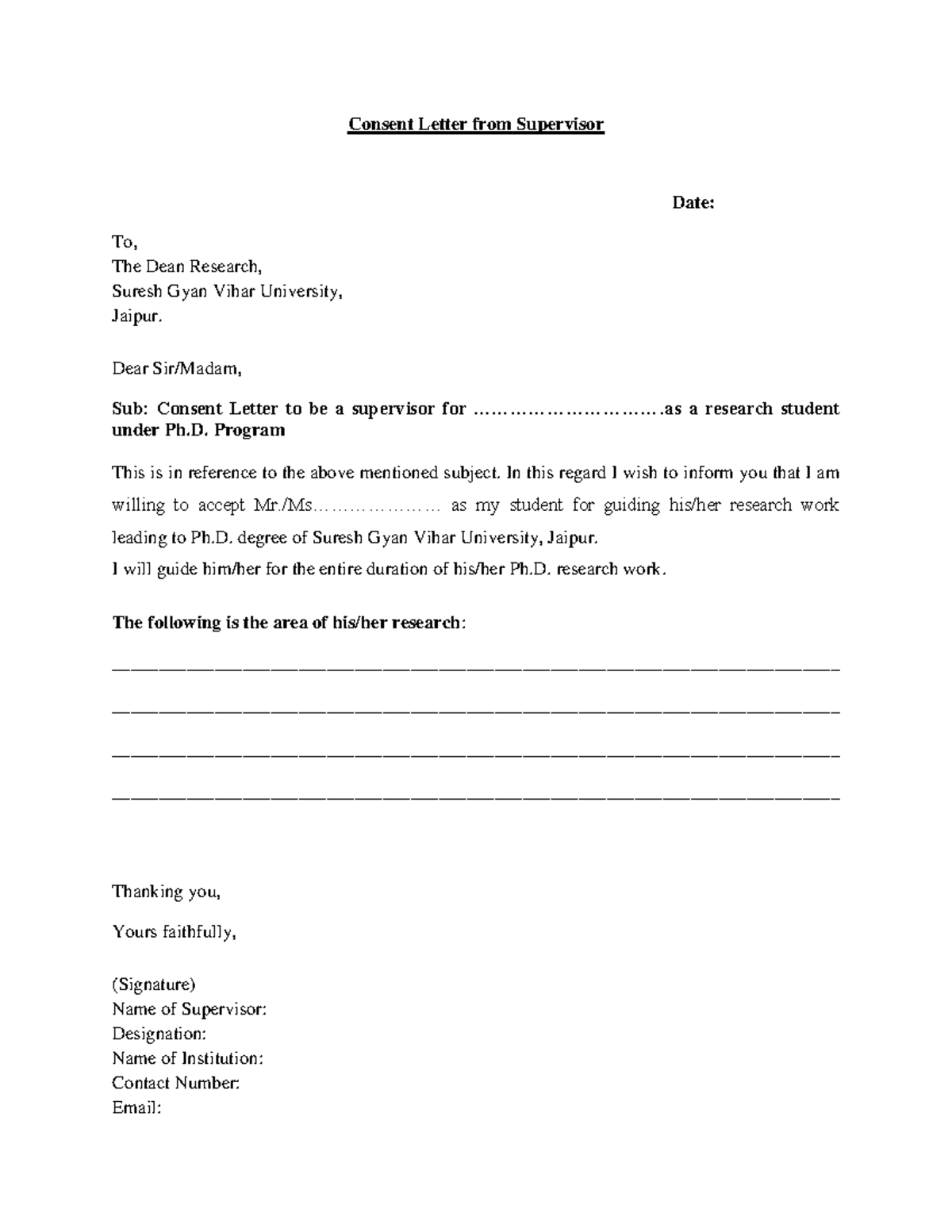 Consent Letter from Supervisor - Consent Letter from Supervisor Date ...