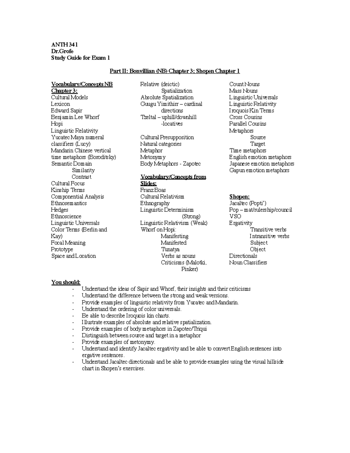 Exam 1 Study Guide part 2 - ANTH 341 Dr Study Guide for Exam 1 Part II ...