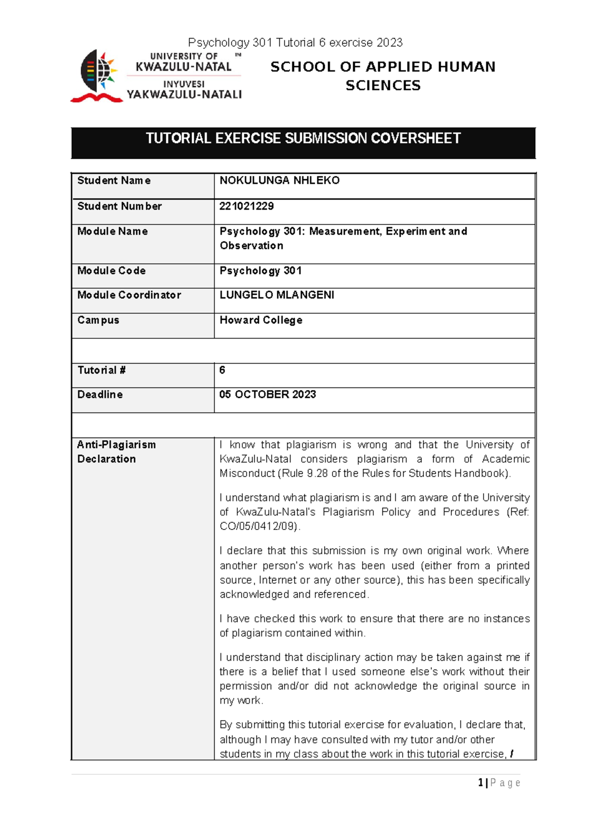 Psych 301 22 Tut 6 exercise - SCHOOL OF APPLIED HUMAN SCIENCES TUTORIAL ...
